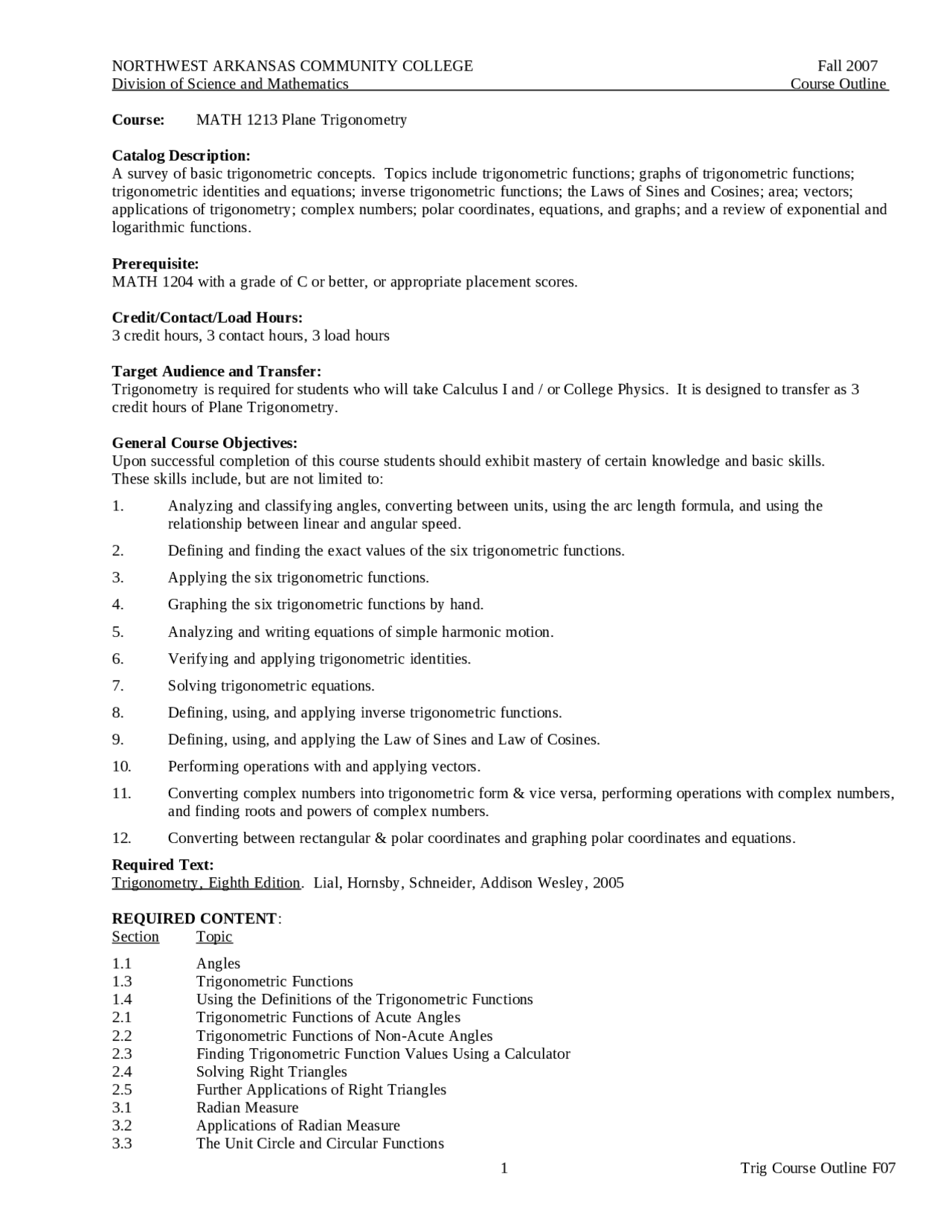 Plane Trigonometry Course Outlines Math 1213 Docsity