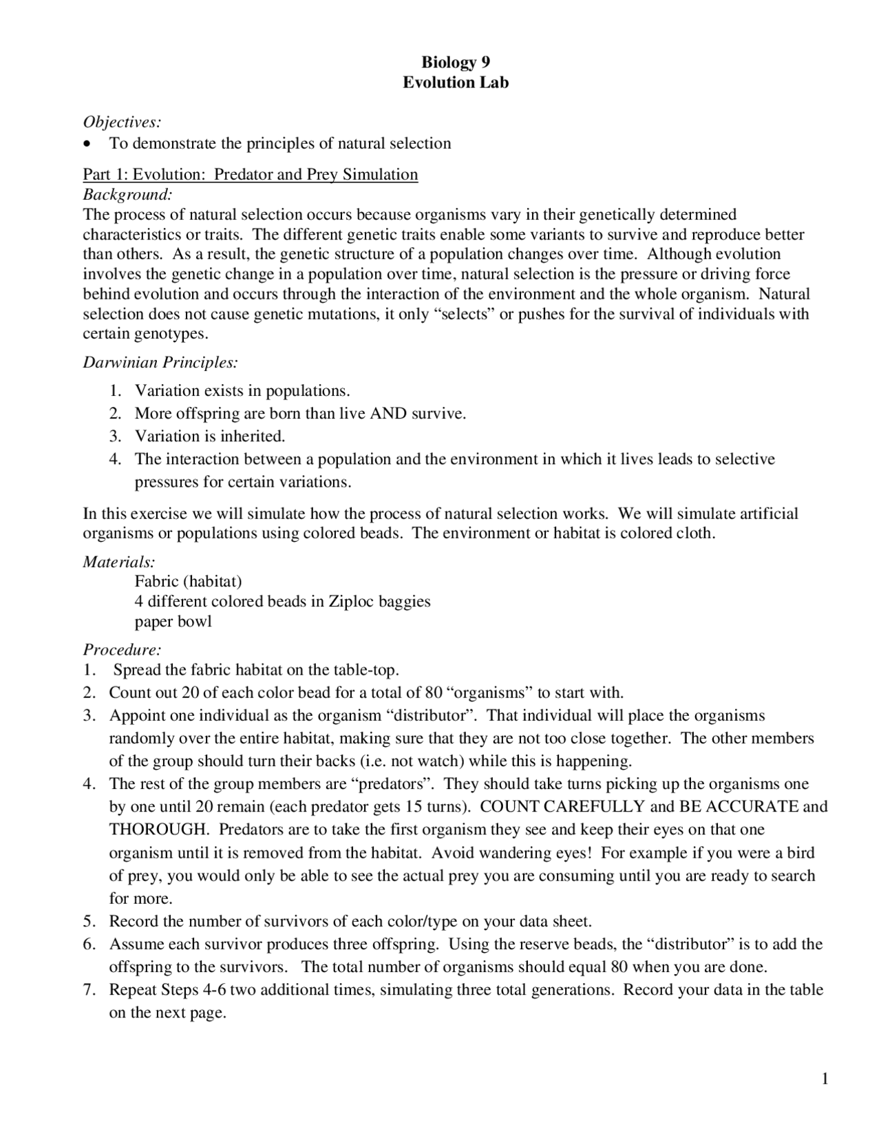 Predator and Prey Simulation in Evolution - Lab Work | BIO 9 - Docsity