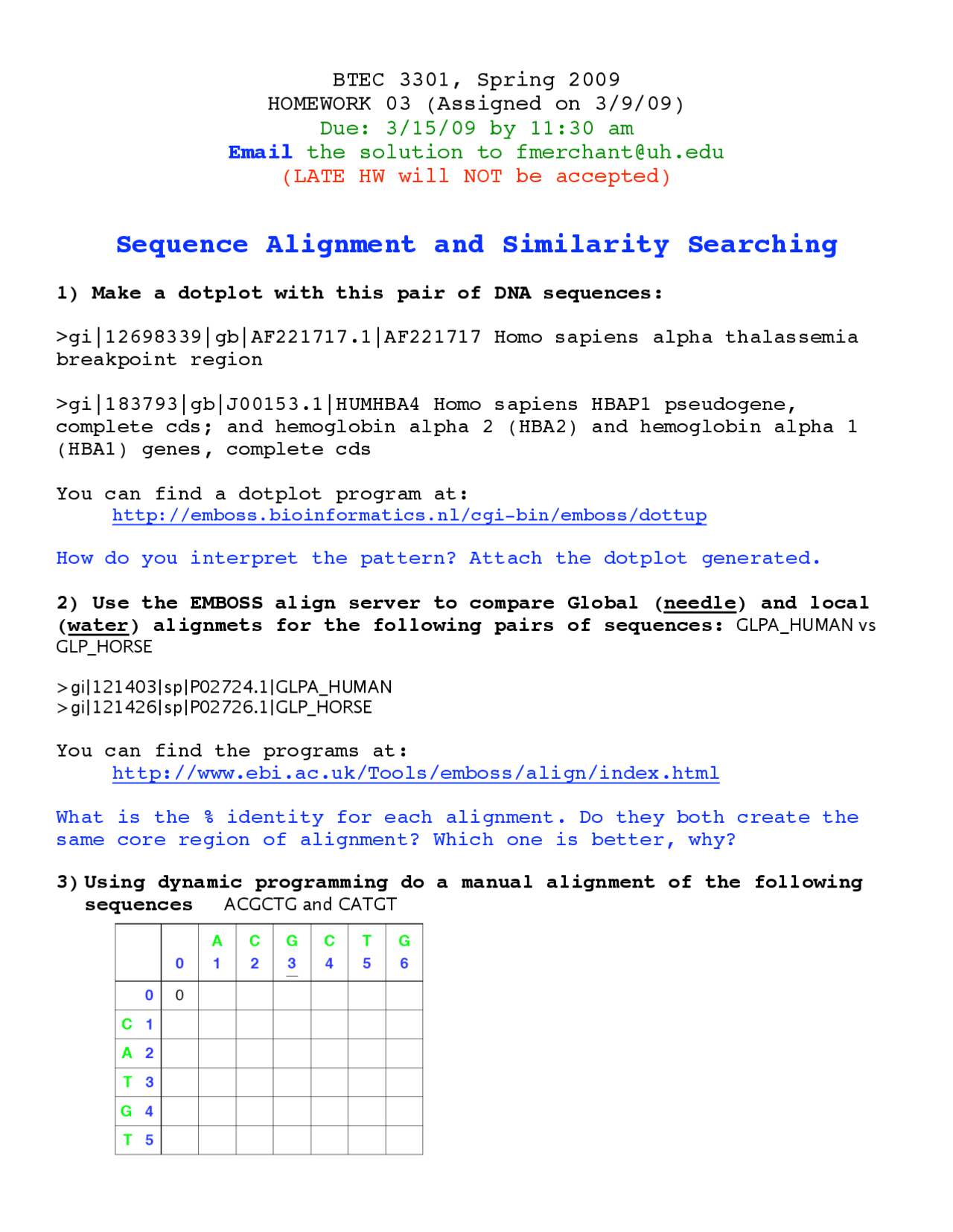 Assignment 3 with Solution for Sequence Alignment and Similarity Searching | BTEC 3301 ...
