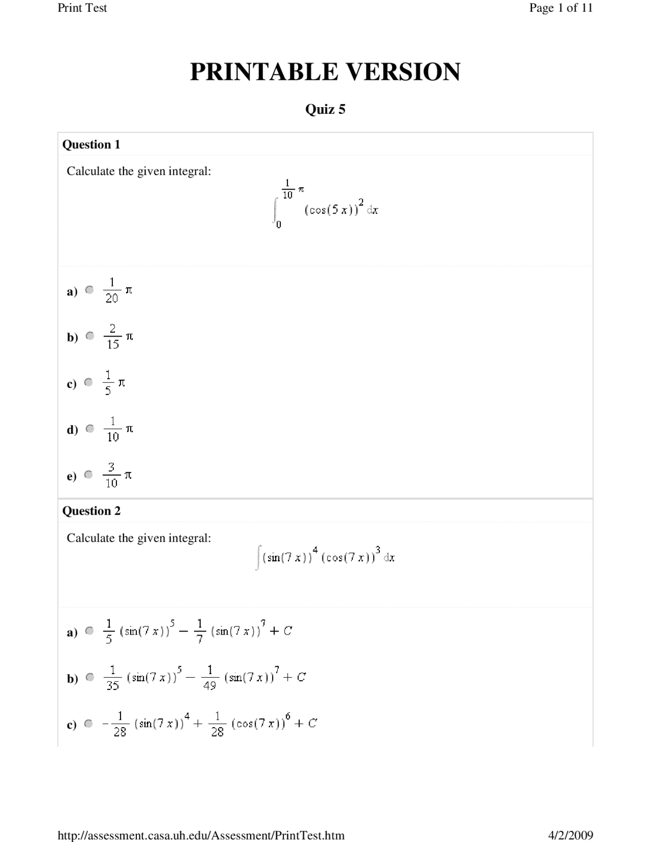 20 Multiple Choice Questions on Calculus II | MATH 1432 | Quizzes Calculus | Docsity