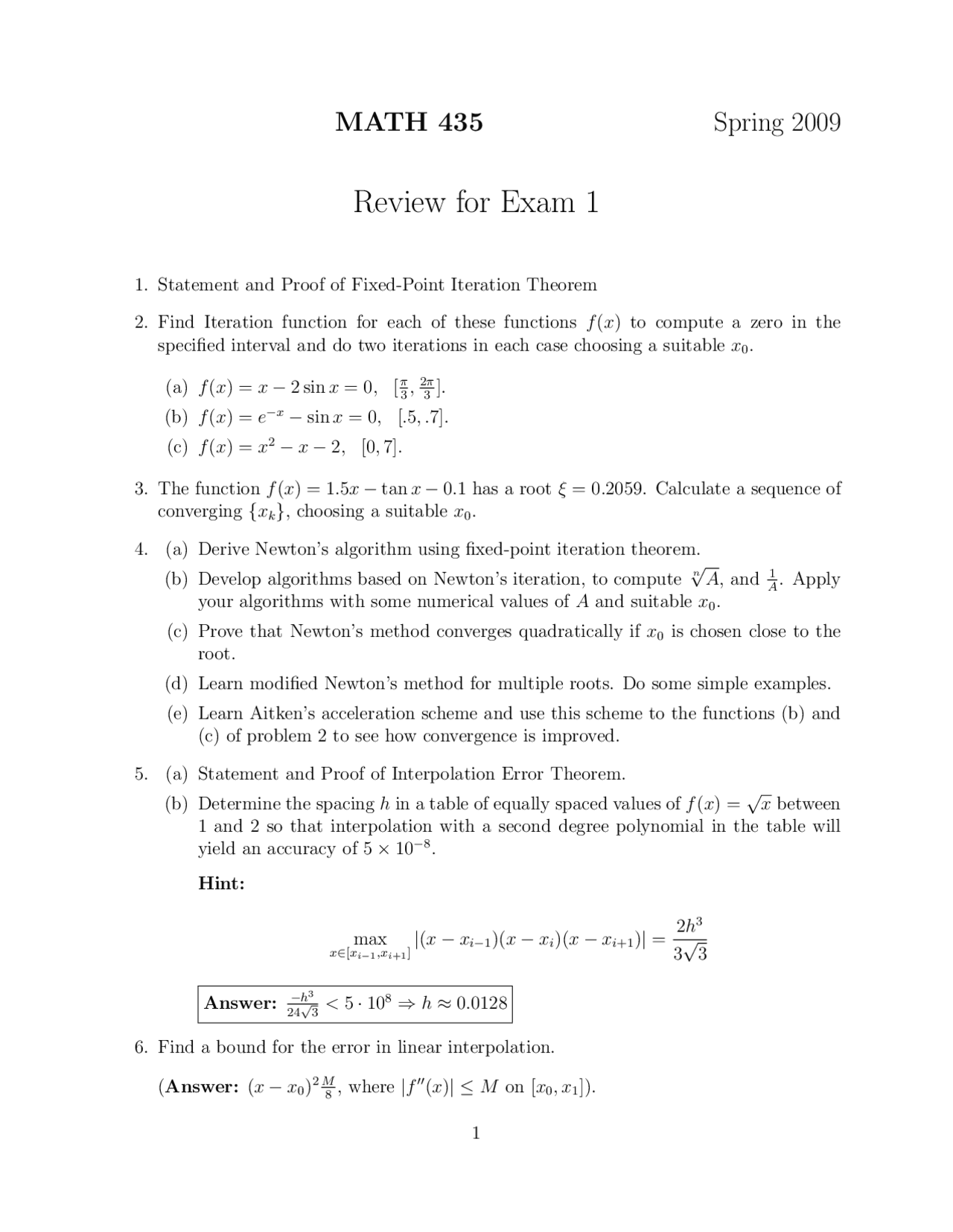 Review Sheet For Exam 1 Numerical Analysis Math 435 Exams