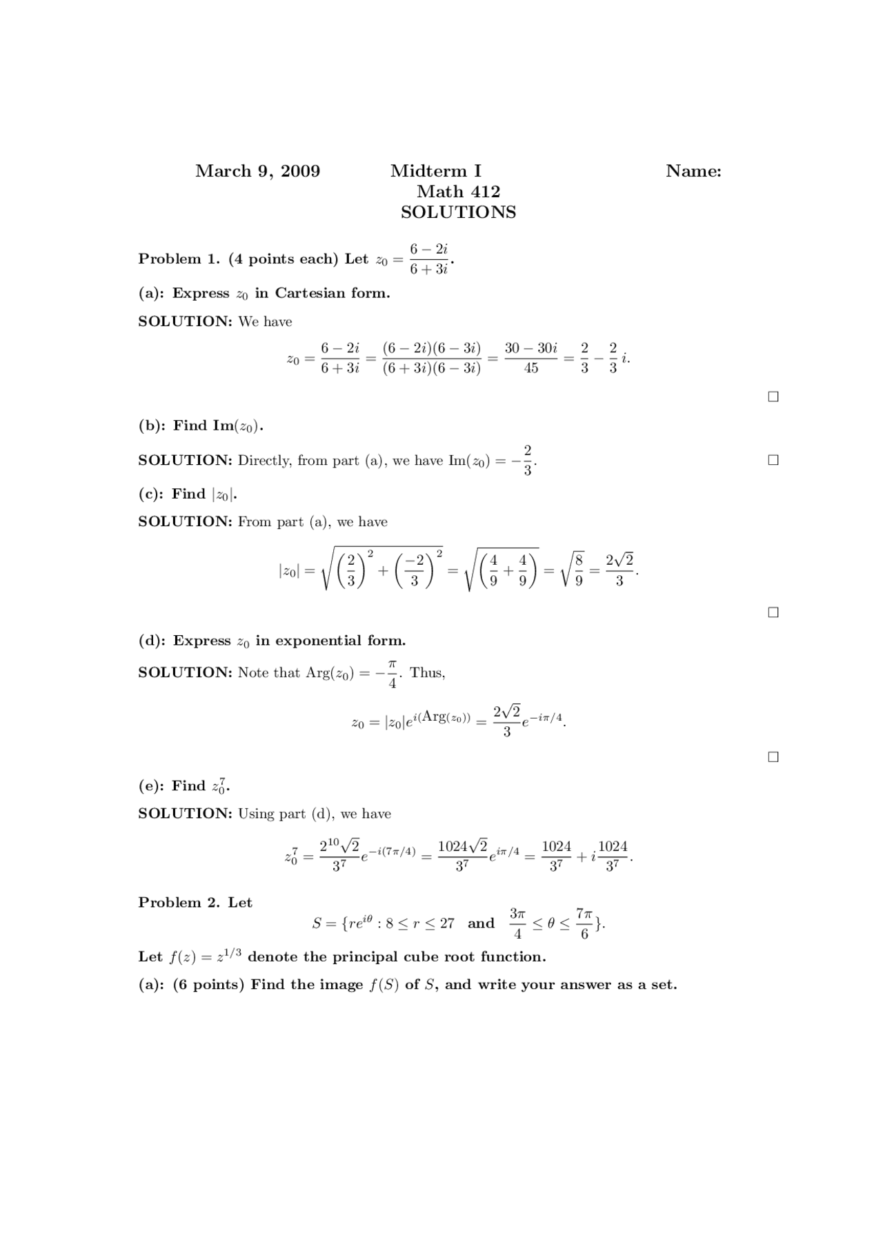 Practice Midterm 1 Solutions On Complex Analysis Math 412 Docsity