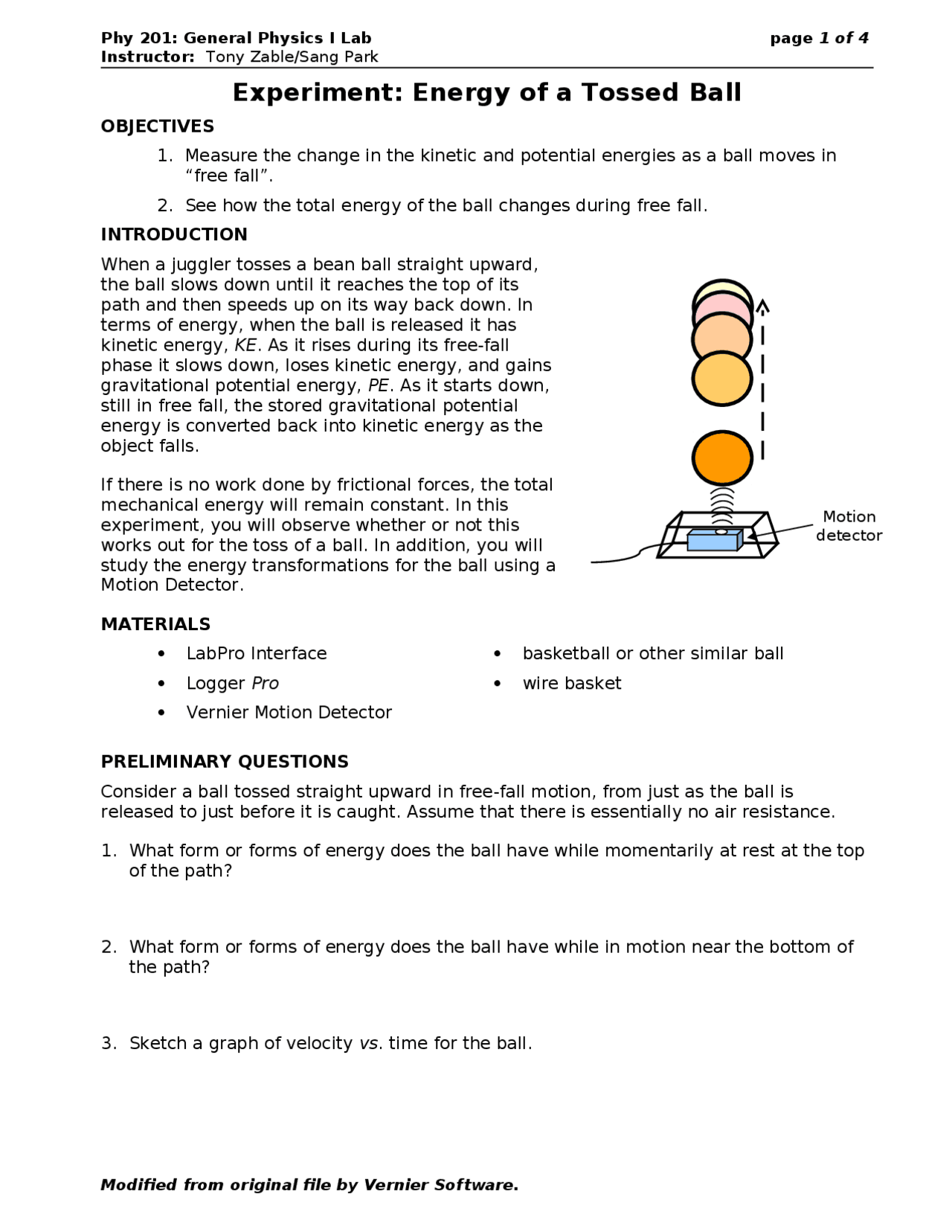 Energy of a Tossed Ball - Experiment | PHY 201 - Docsity