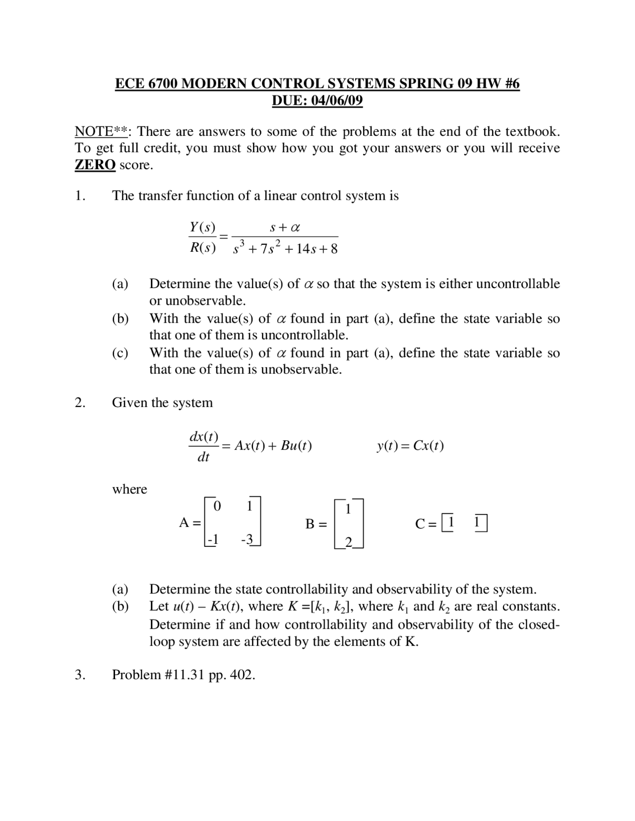 Homework 6 Questions Modern Control Systems Ece 6700 Docsity