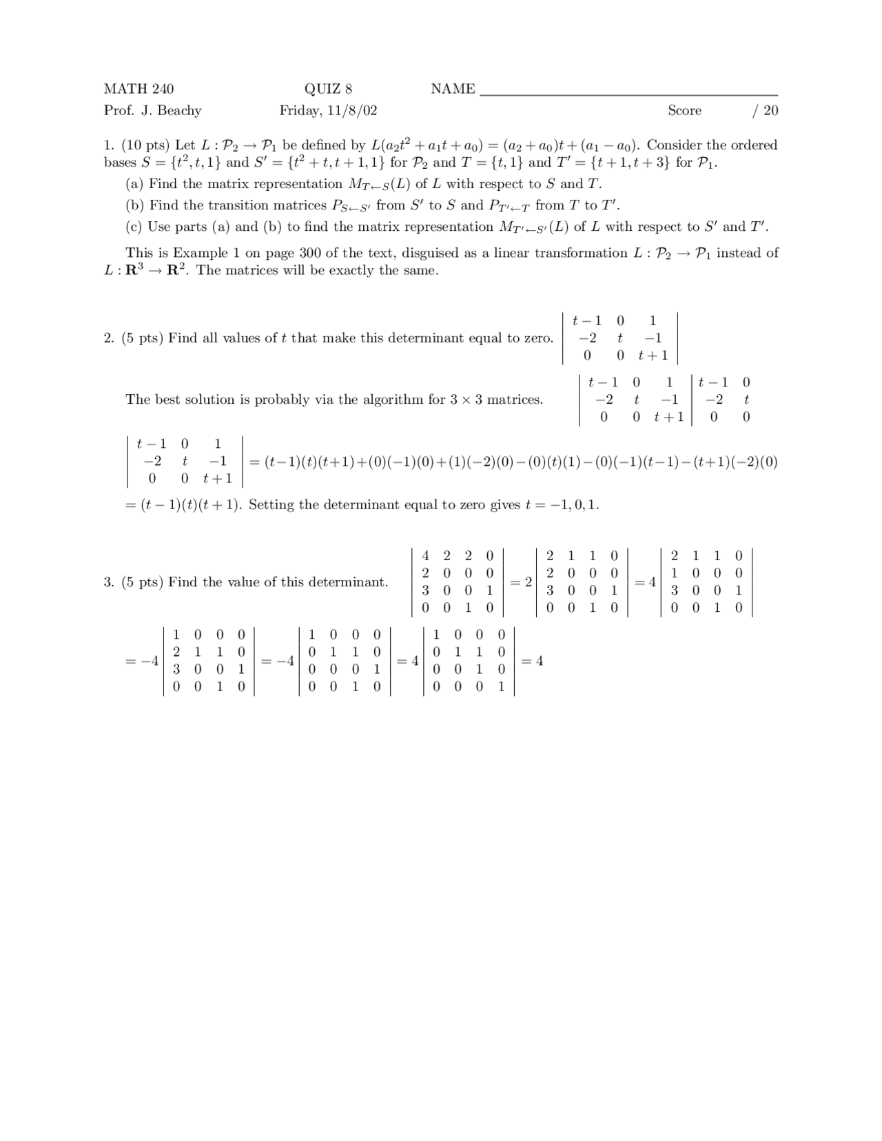 Linear Algebra And Applications Quiz 8 Unsolved Questions Math 240