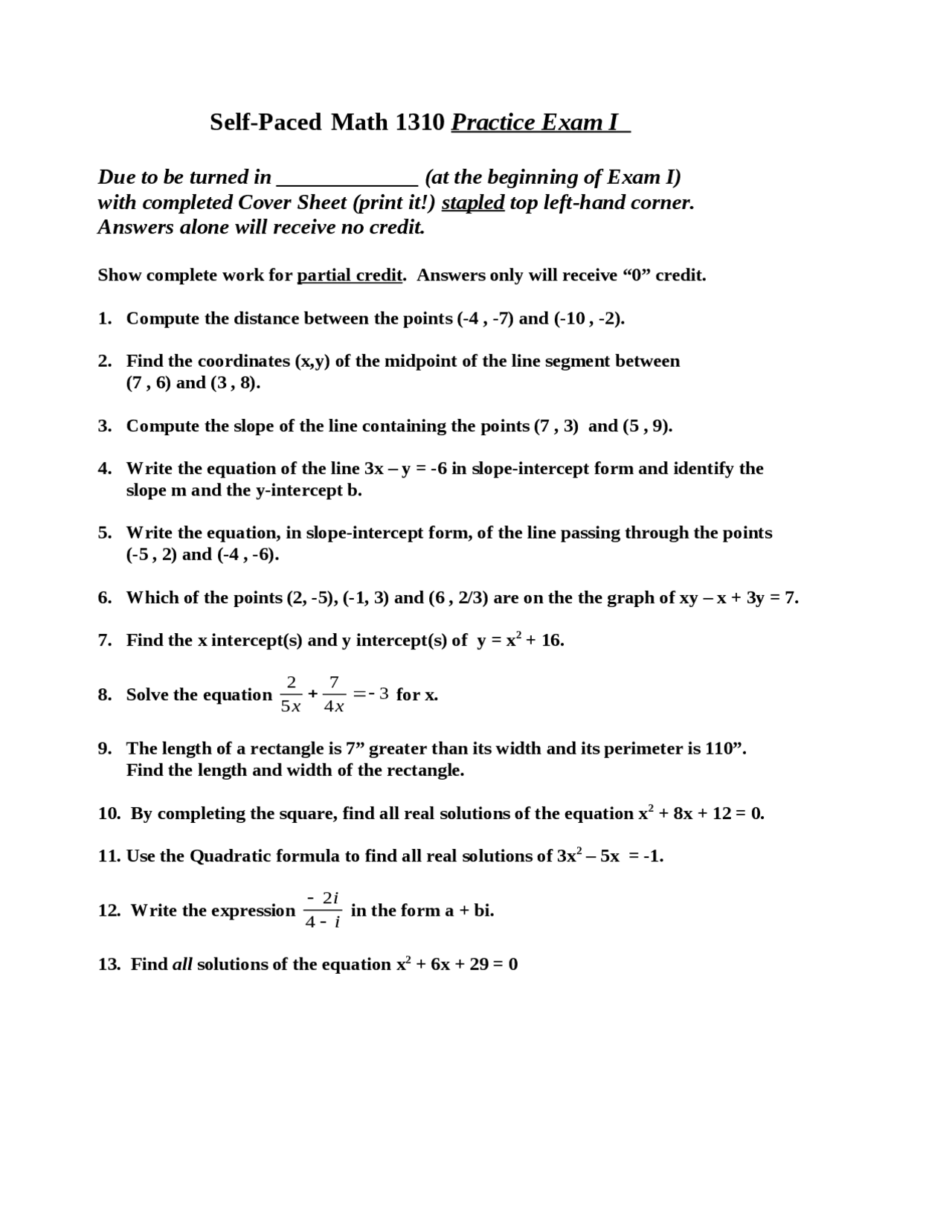 Practice Exam 1 For College Algebra MATH 1310 Docsity practice-exam-1-for-college-algebra-math-1310-docsity
