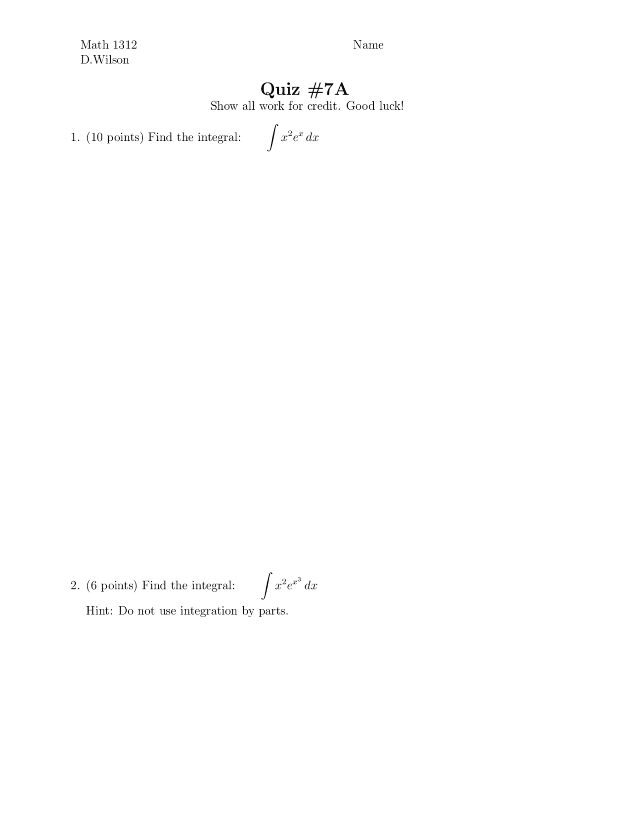 Quiz 7 A To Find Integrals Calculus Ii Math 1312 Docsity