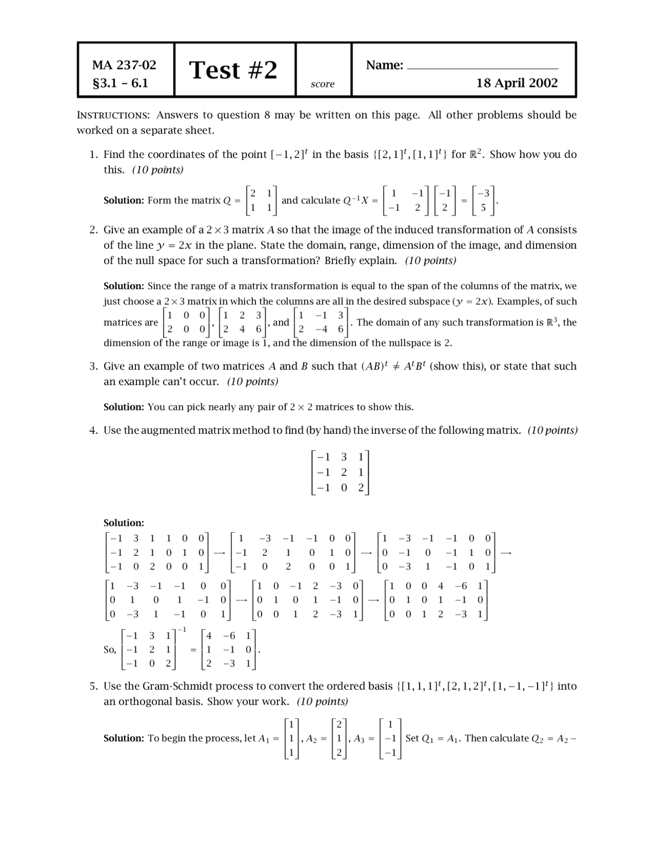 Test 2 With Solution Linear Algebra I Ma 237 Docsity