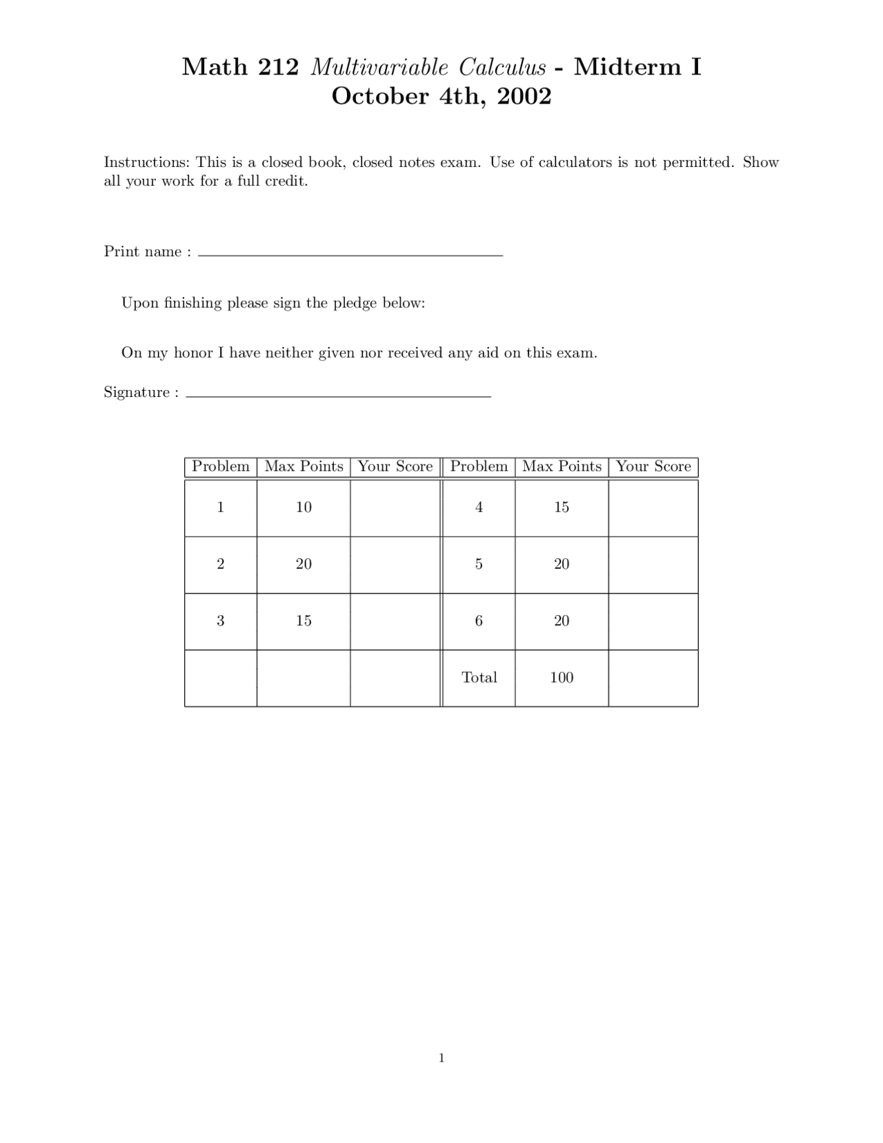 Midterm Exam 1 Multivariable Calculus 2002 Math 212 Docsity