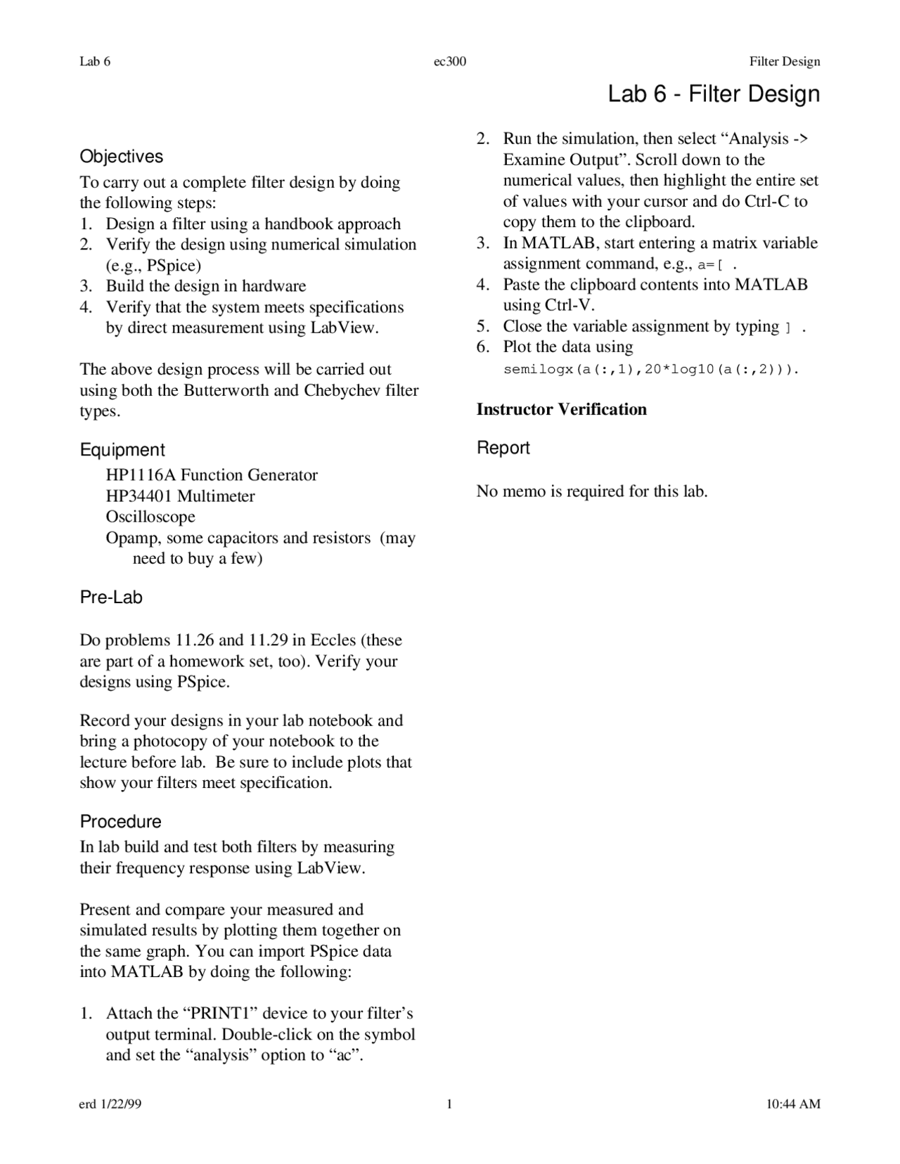 Laboratory 6 Experiment on Filter Design | ECE 300 - Docsity