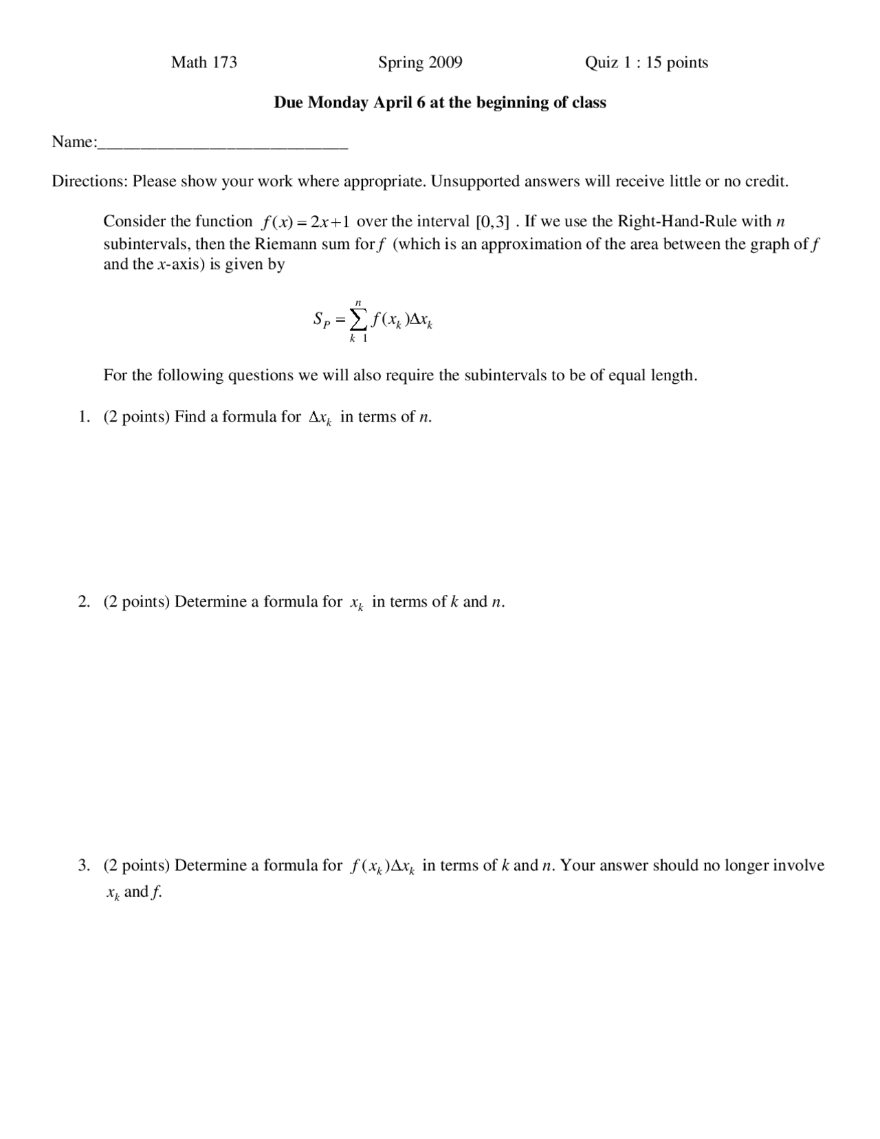 5 Questions For Calculus Ii Quiz 1 Math 173 Docsity