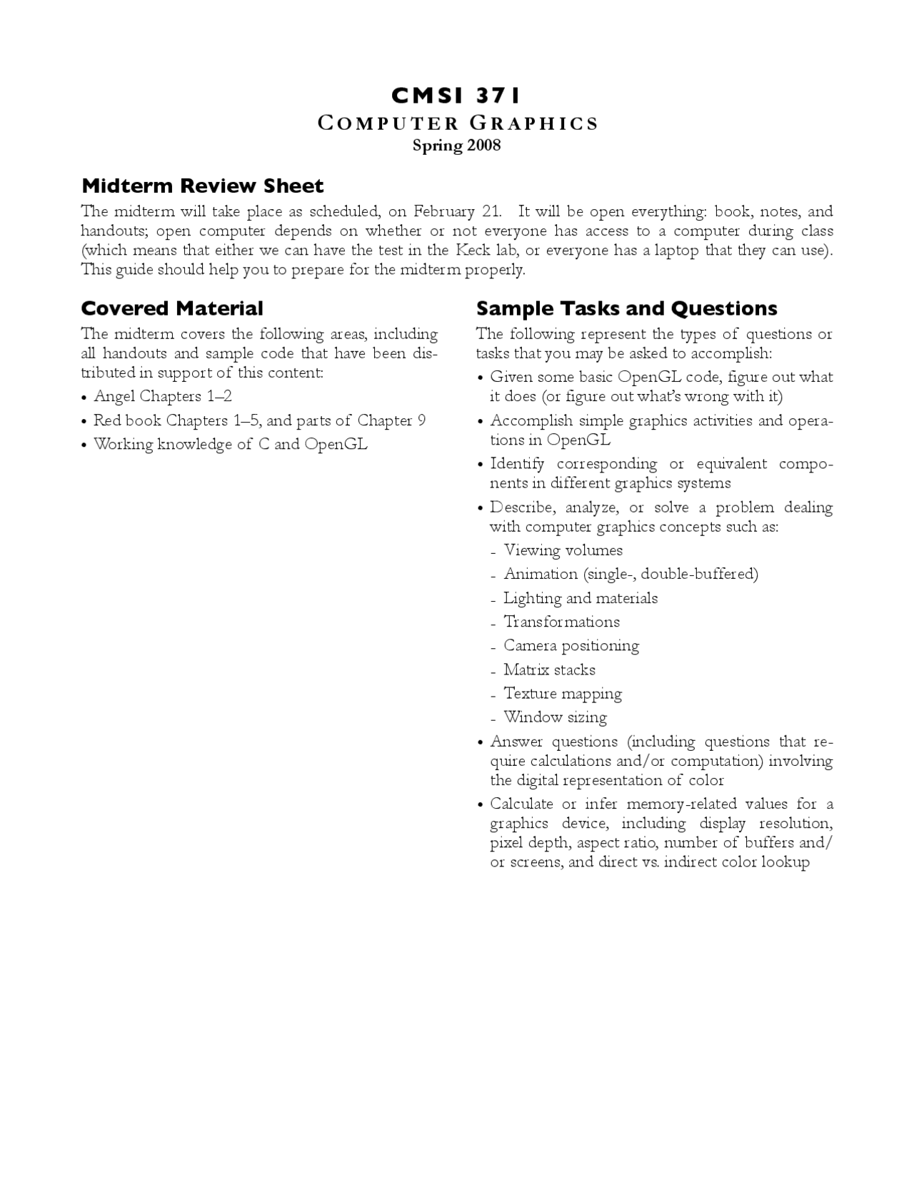 Midterm Review Sheet Computer Graphics Cmsi 371 Docsity