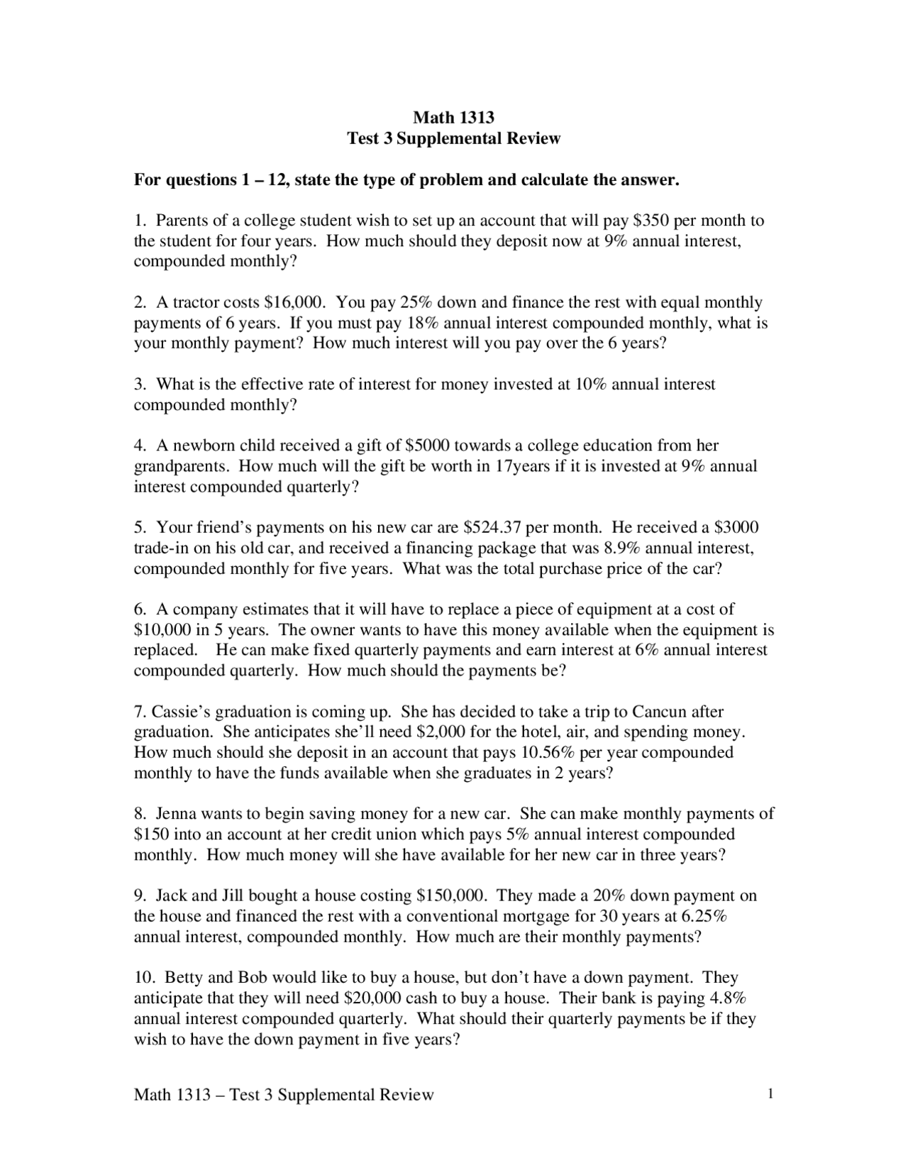 Supplemental Review Test 3 Finite Math With Applications Math 1313