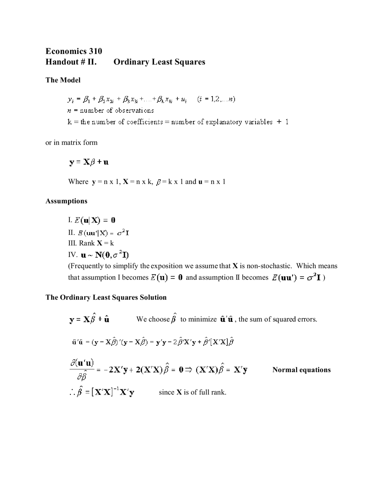 Ordinary Least Squares Handout Ii Notes Econ 310 Docsity
