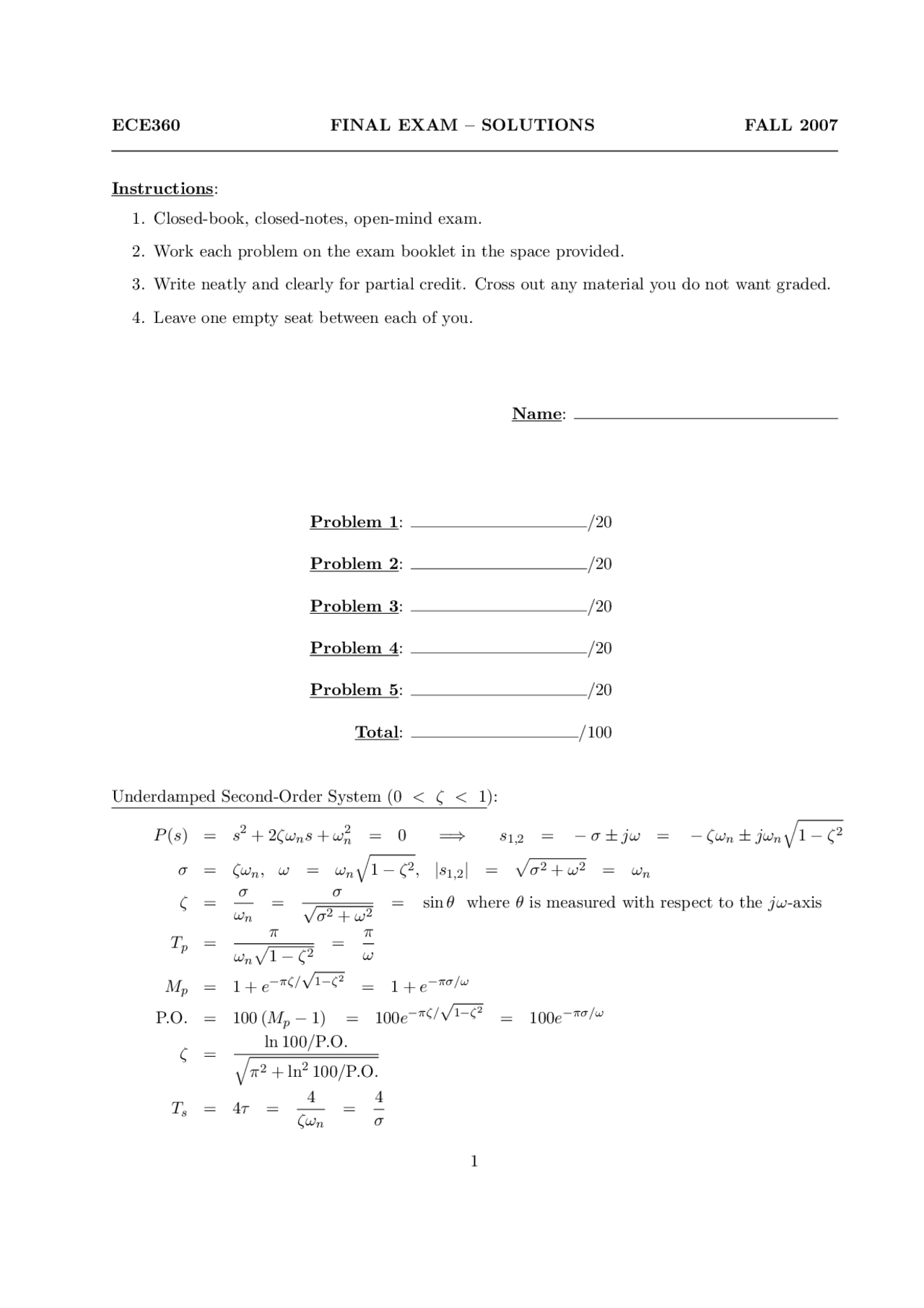 Past Final Exam With Solutions System Modeling And Control Ece 360 Docsity