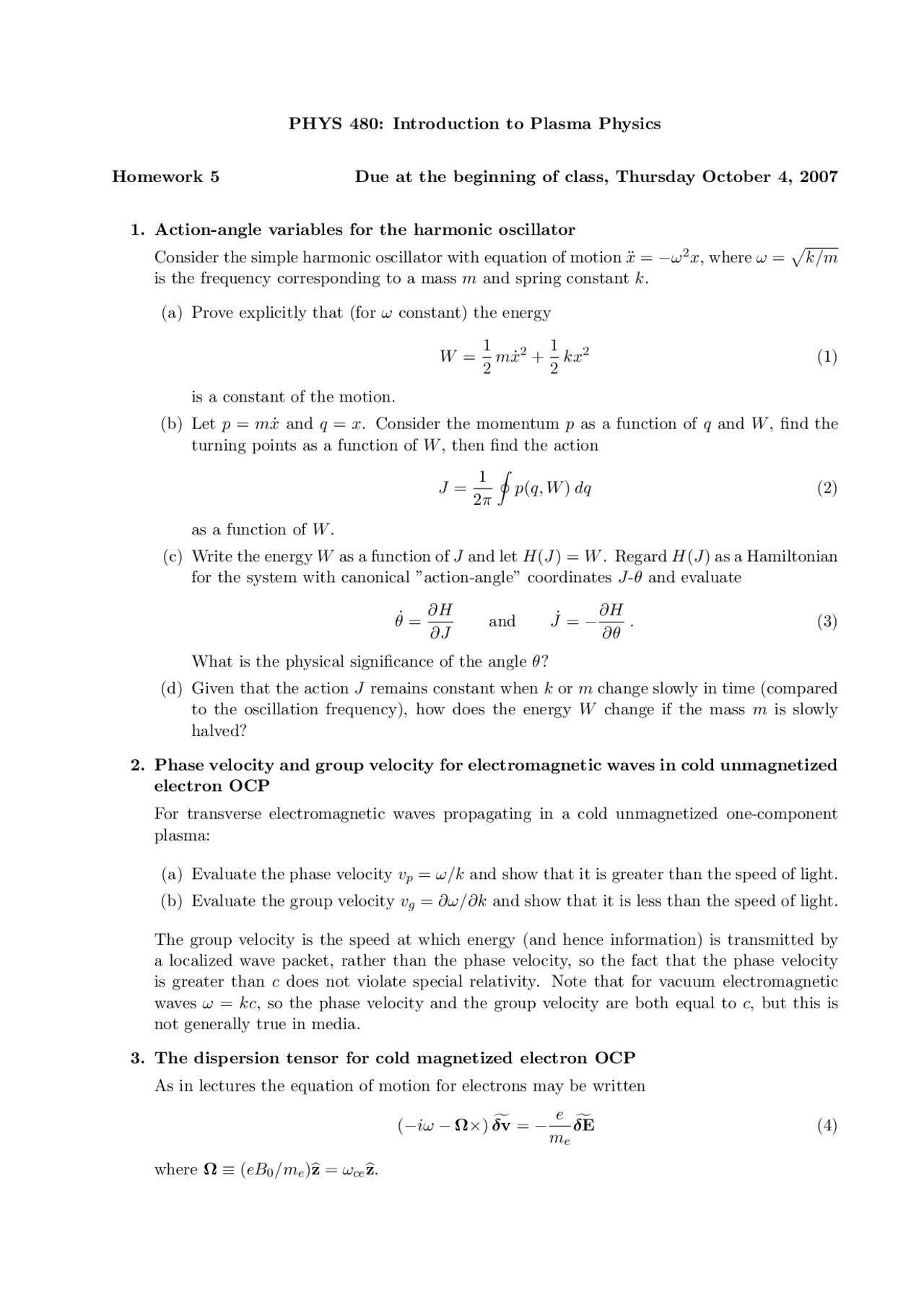 Assignment 5 Problems Introduction To Plasma Physics Phys 480 Docsity