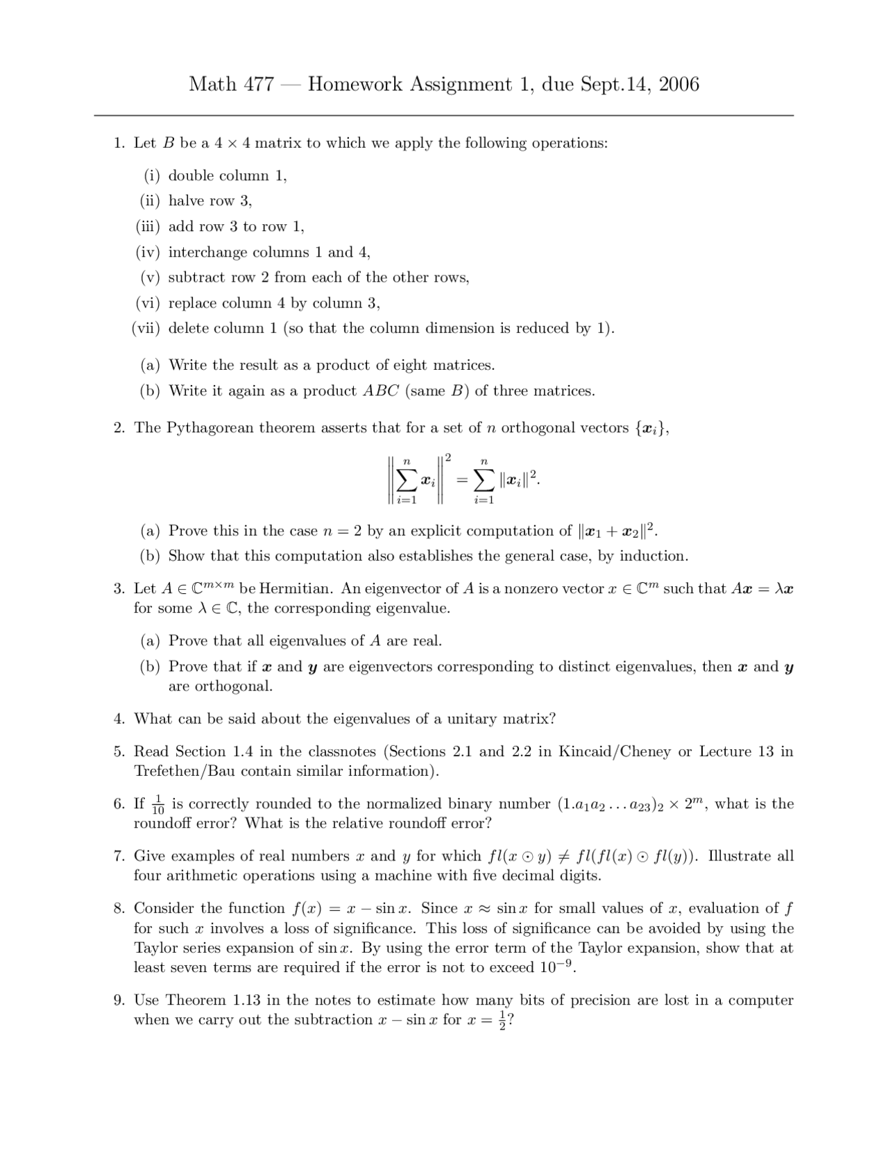 Numerical Linear Algebra Assignment 1 Math 477 Docsity