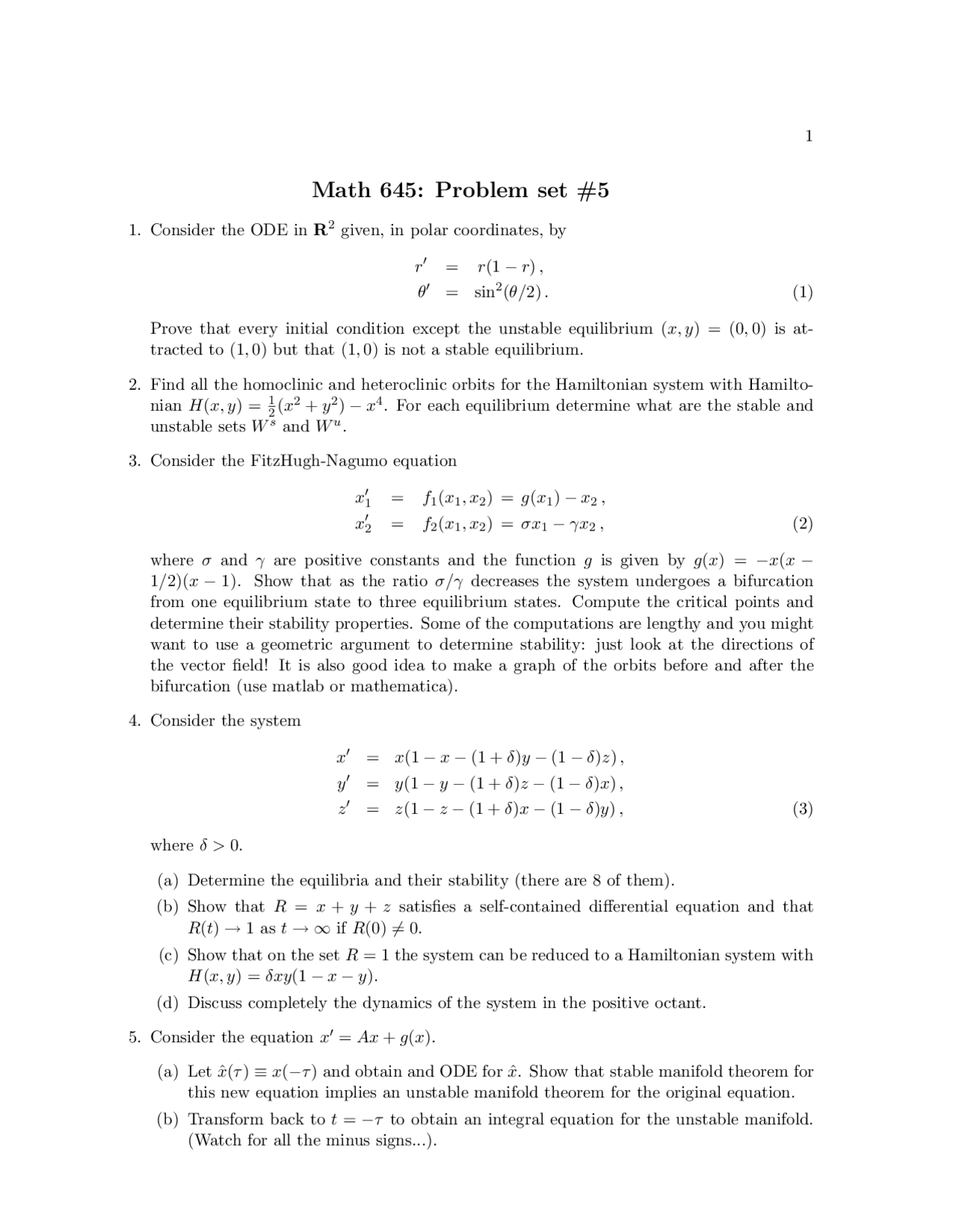 Odes And Dynamical Systems Problem Set V Math 645 Docsity