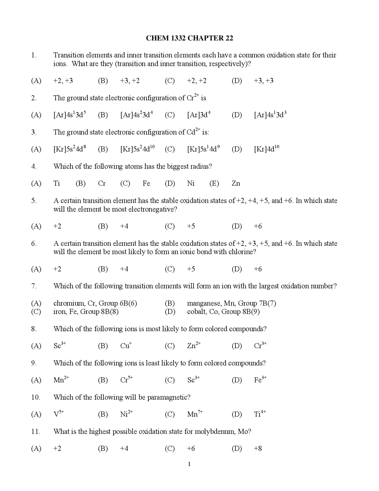 41 MCQs on Transition Elements with Answer Key | CHEM 1332 | Study ...