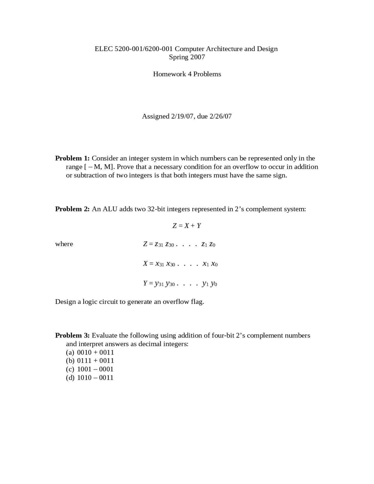 Homework 4 Problems Computer Architecture And Design Spring 2007 Elec 5200 Docsity
