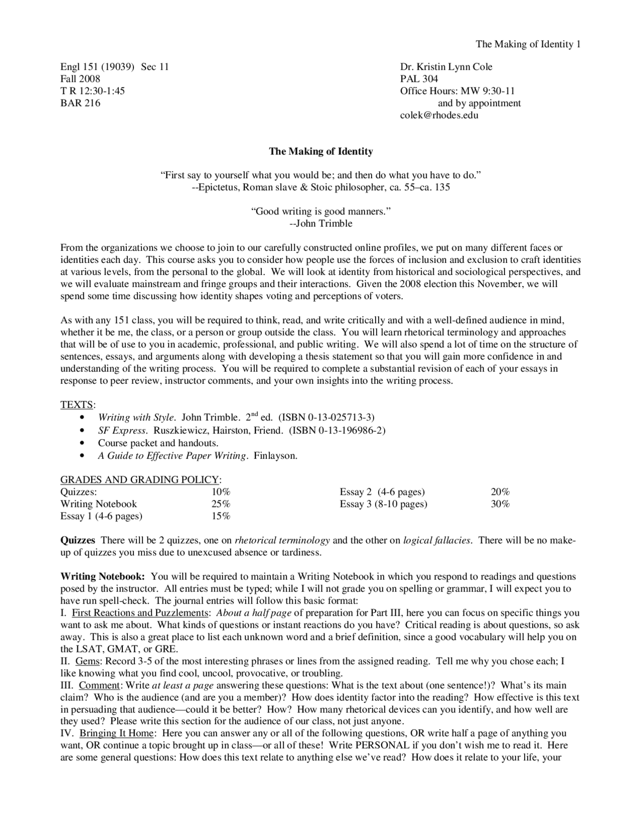 The Making Of Identity First Year Writing Seminar Engl 151 Docsity