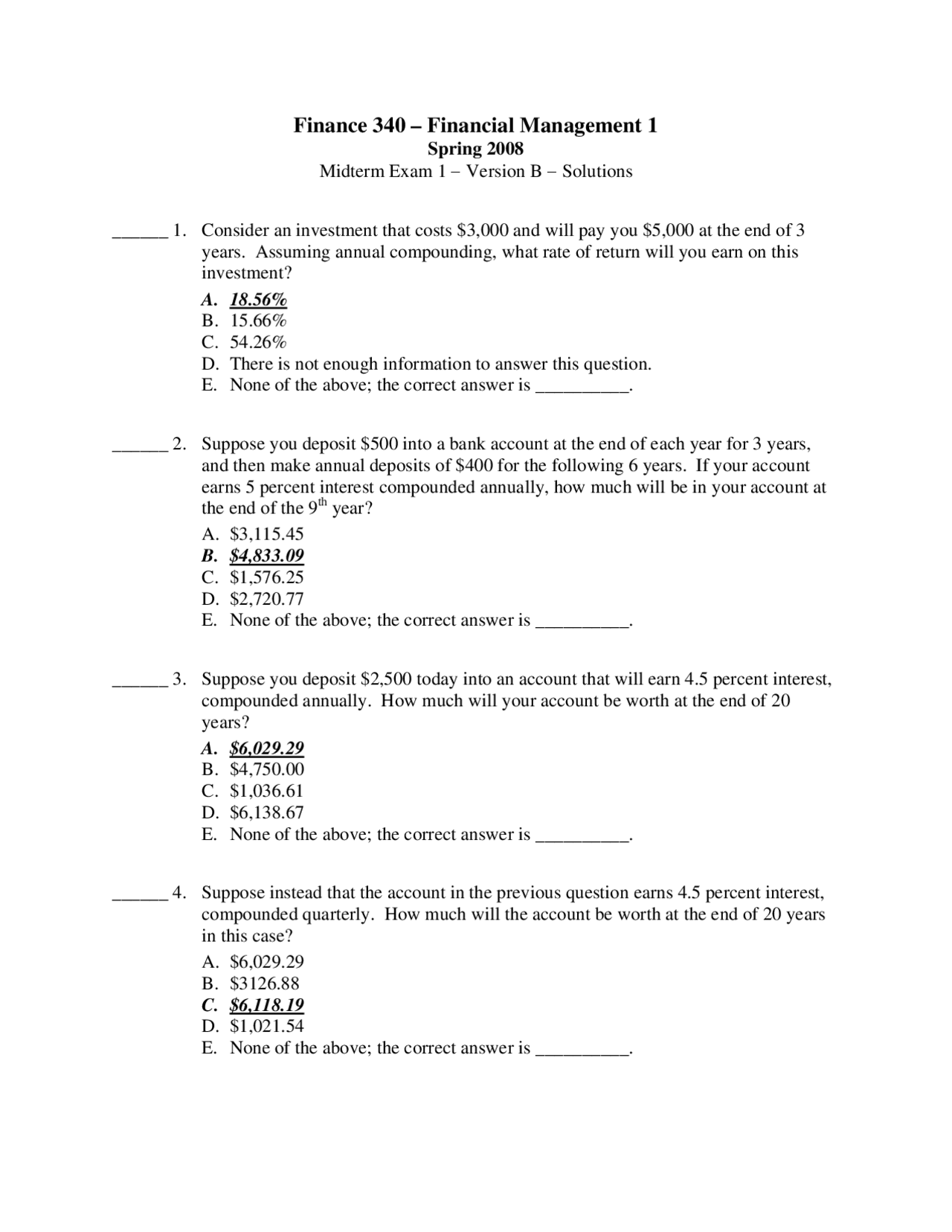 Solutions Midterm Exam 1 Financial Management I Fin 340 Docsity