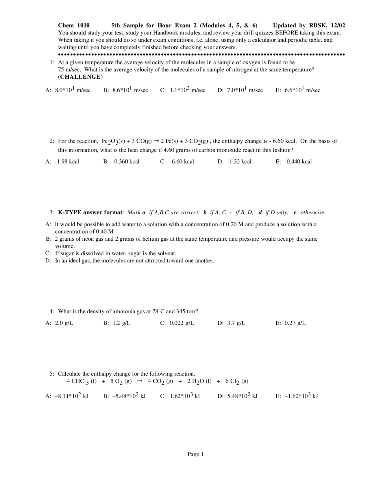 Sample Exam 2 General Chemistry I Chem 1010 Exams Chemistry Docsity