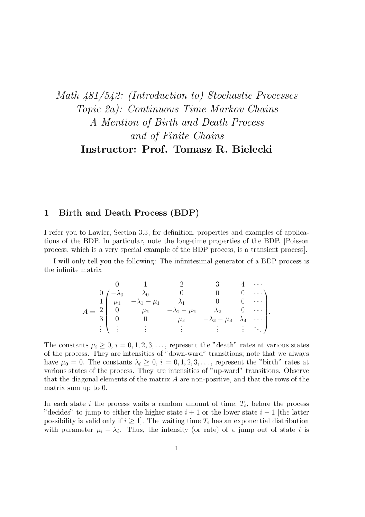 Finite Markov Chains In Continuous Time Birth And Death Process Math