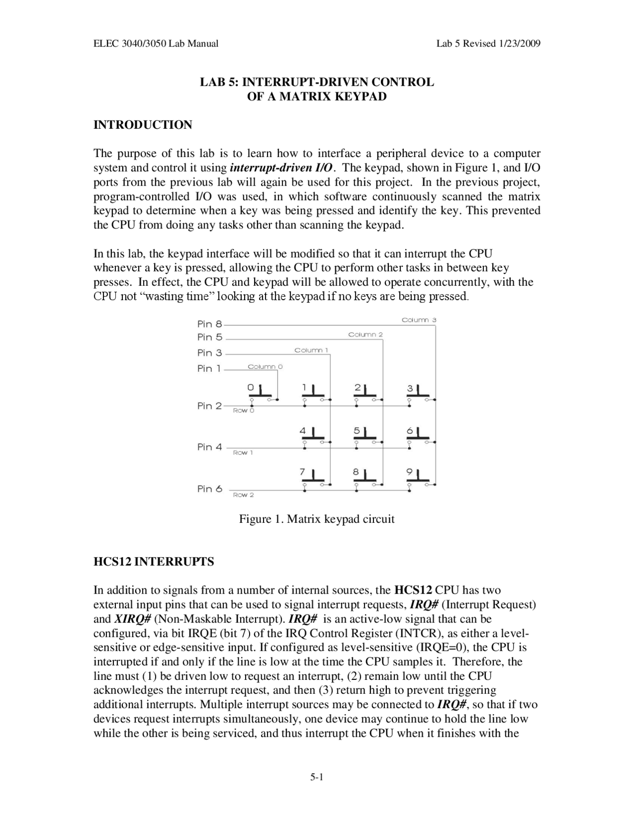 Interrupt-Driven Control of a Matrix Keypad - Lab 5 | ELEC 3040 - Docsity