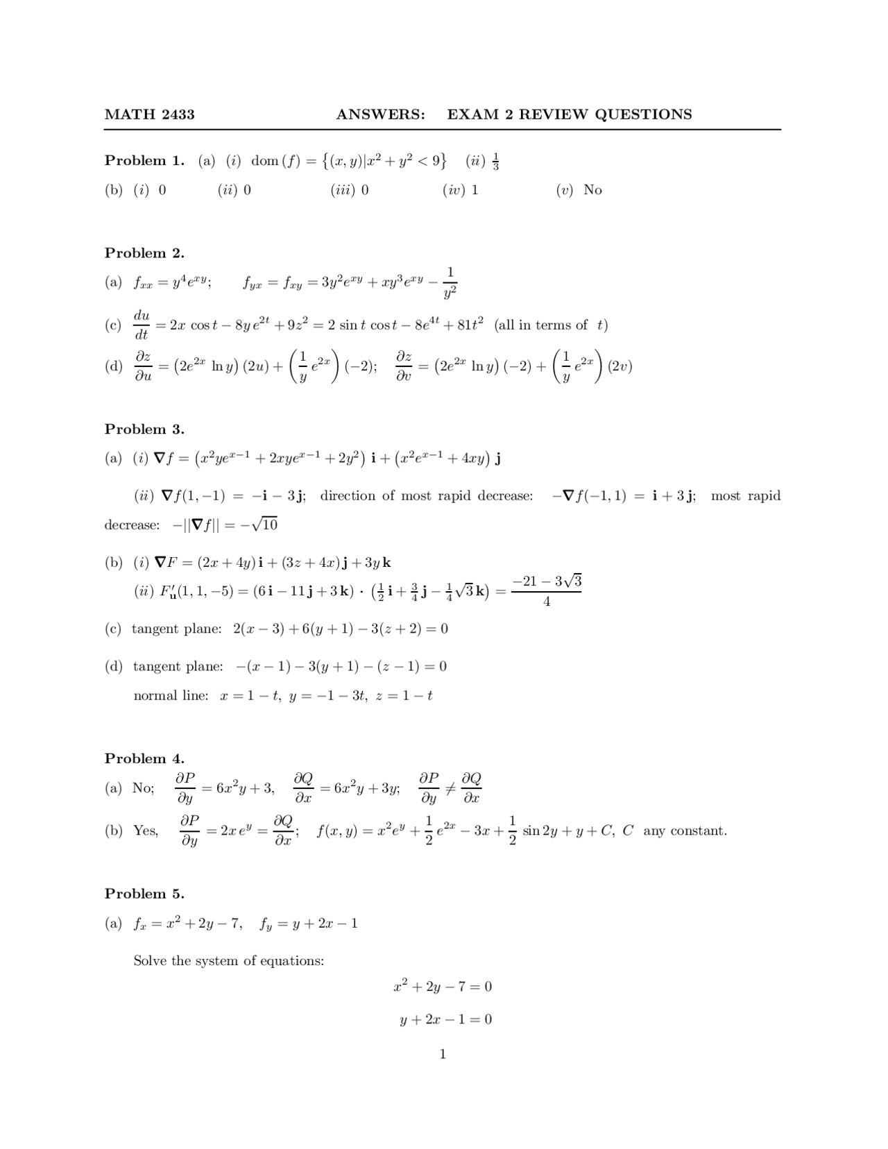MATH 2433 Exam 2 Review: Problems and Solutions - Prof. Garret Etgen ...