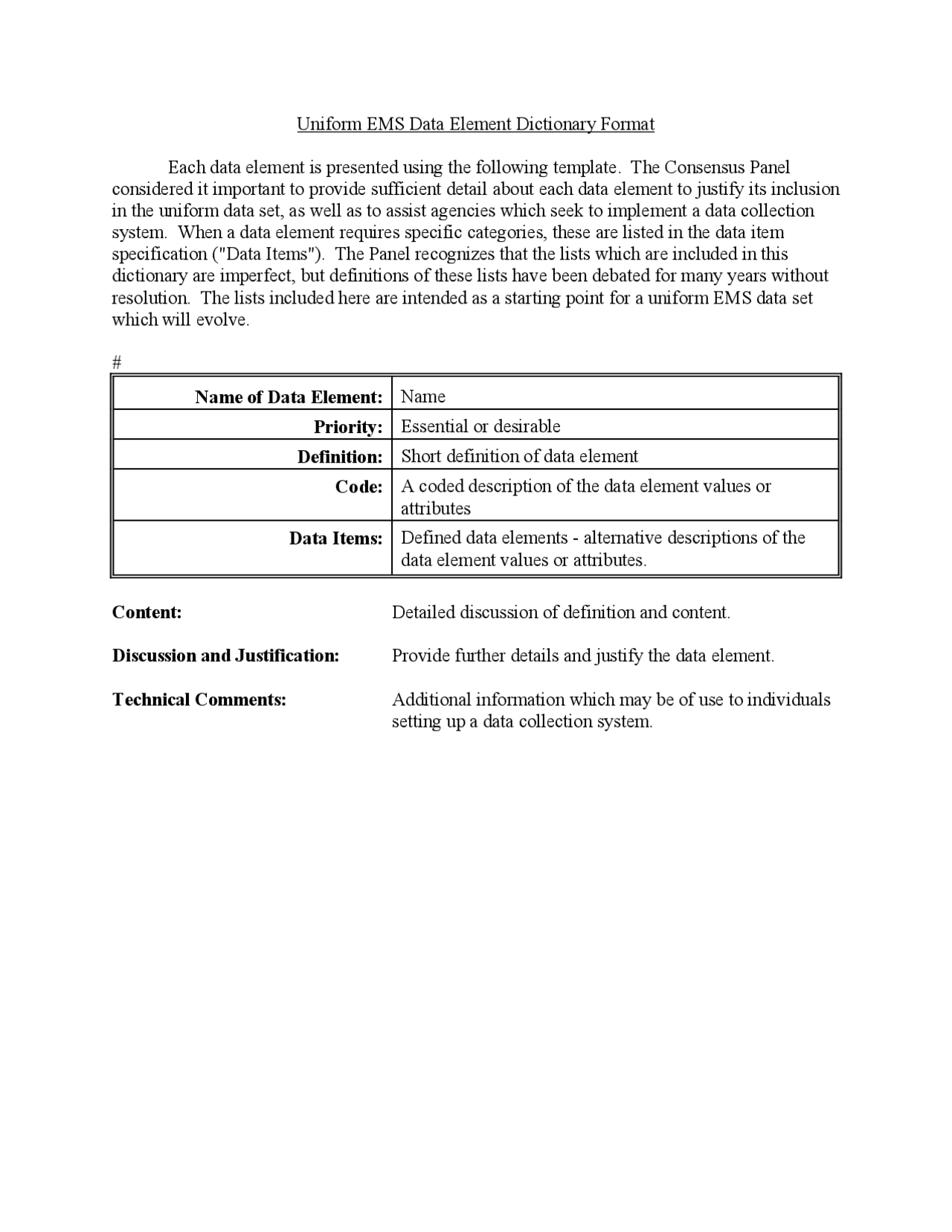 Notes on Uniform EMS Data Element Dictionary Format | EMC 400 - Docsity