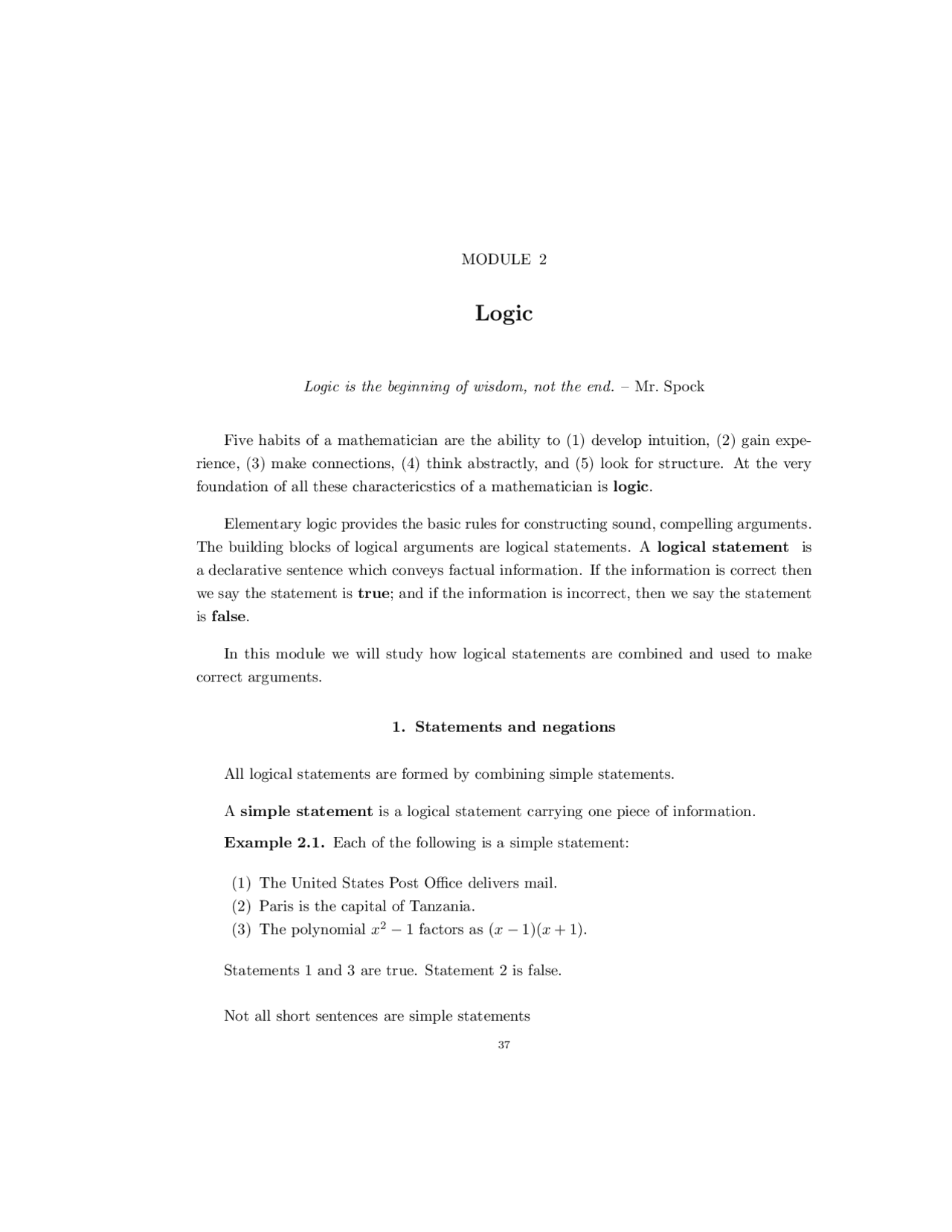 Logic, Statements and Negations - Class Notes - Introduction to ...