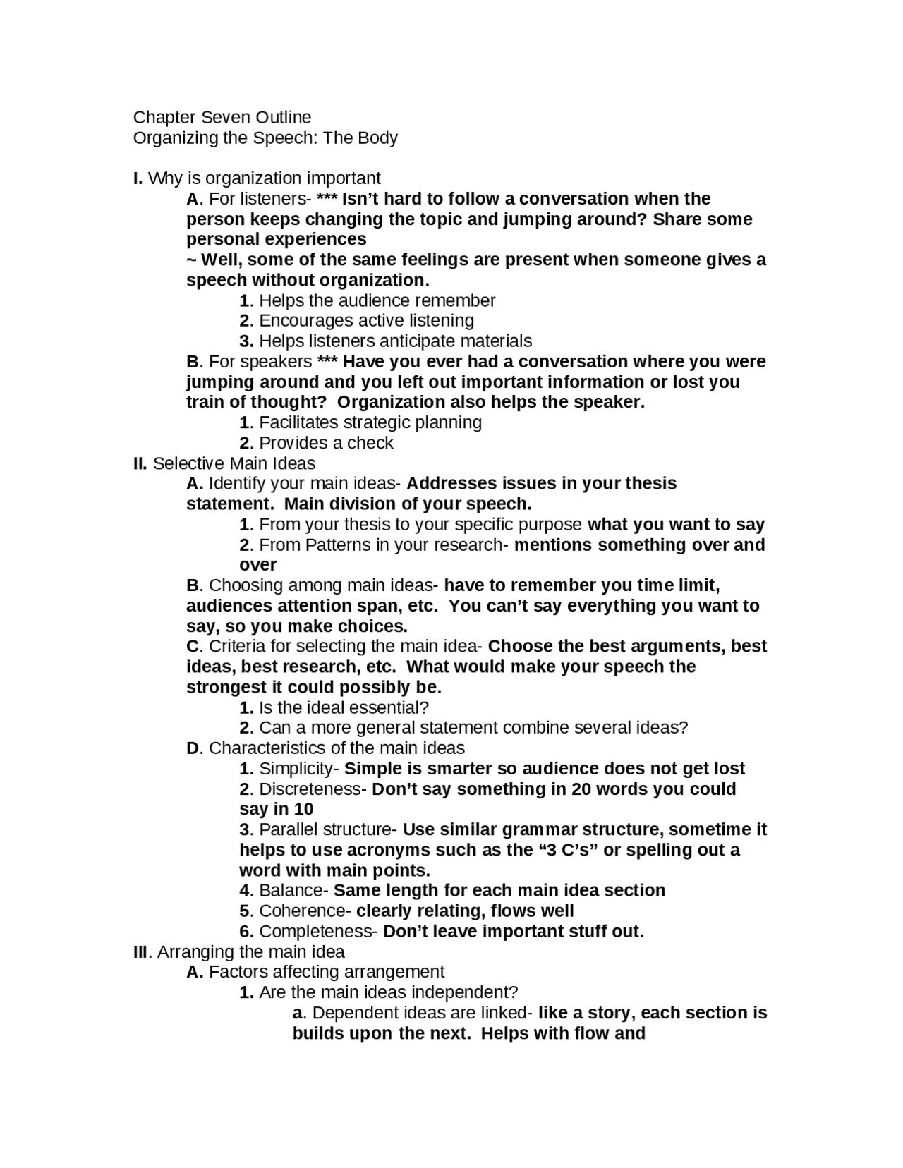 Organizing The Speech The Body Introduction To Human Communication Hcom 100 Docsity