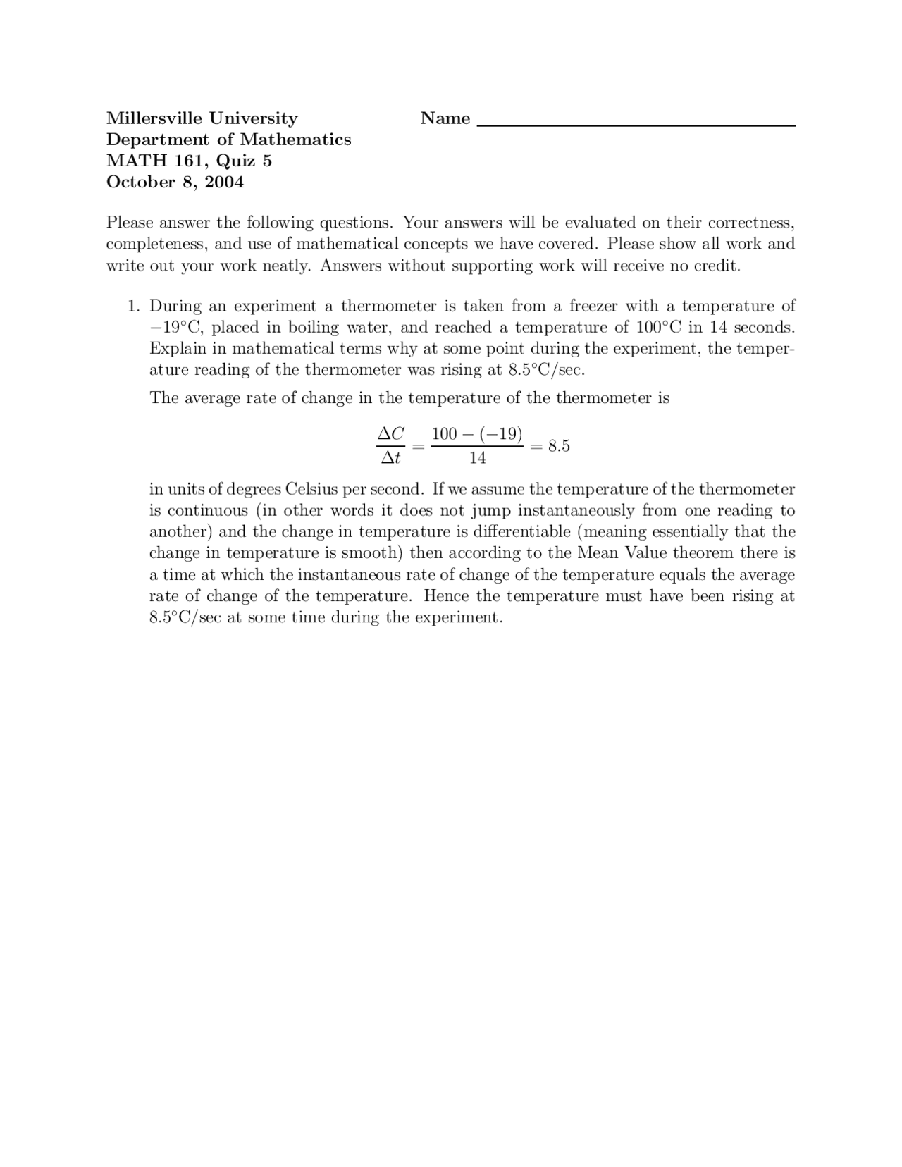 Questions with Answer for Quiz 5 - Calculus 1 | MATH 161 - Docsity