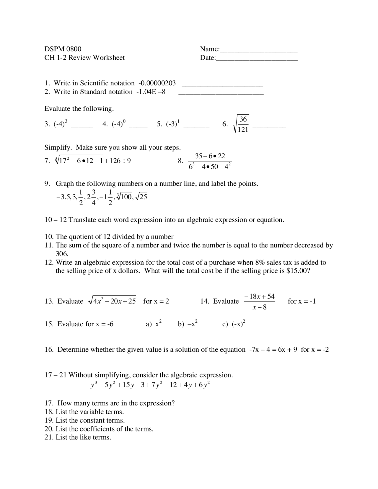 Review Worksheet For Elementary Algebra Dspm 0800 Docsity