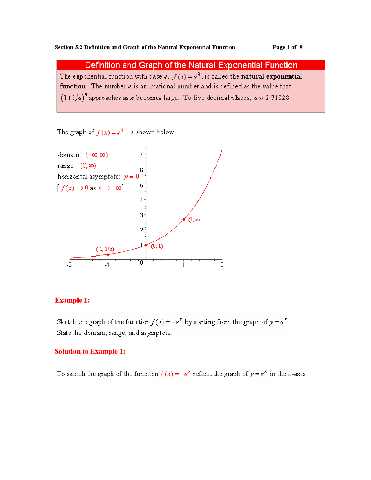 Definition And Graph Of The Natural Exponential Function Math 1310