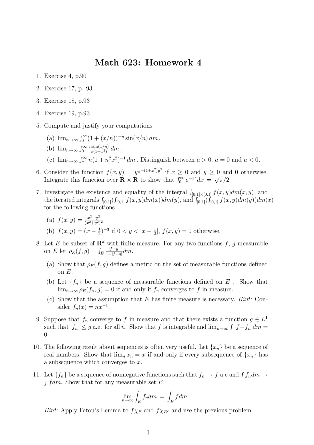 Real Analysis I Assignment 4 Questions Unsolved Math 623 Docsity