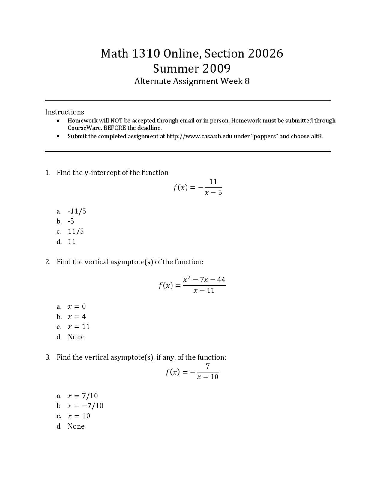 10 MCQs for Assignment 8 - College Algebra | MATH 1310 | Assignments ...
