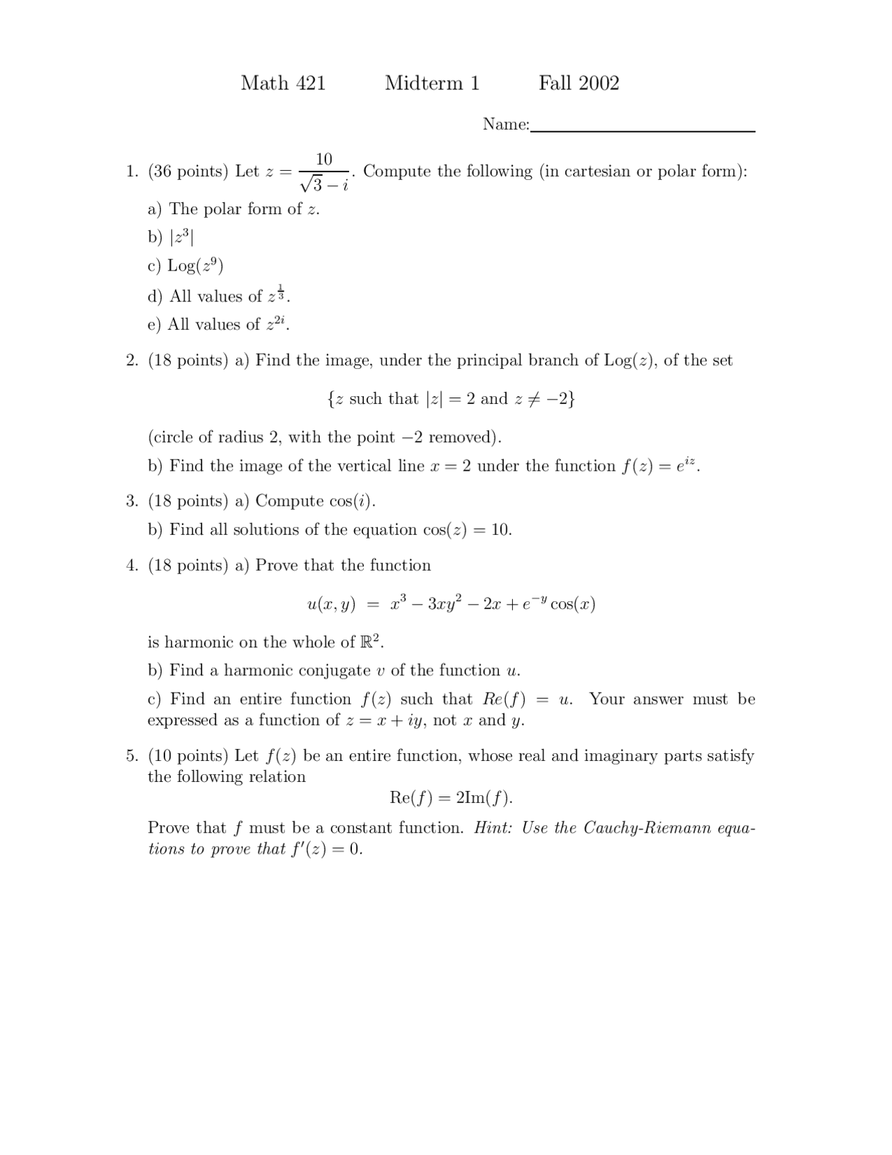 5 Problems On Complex Variables Midterm Exam Math 421 Docsity