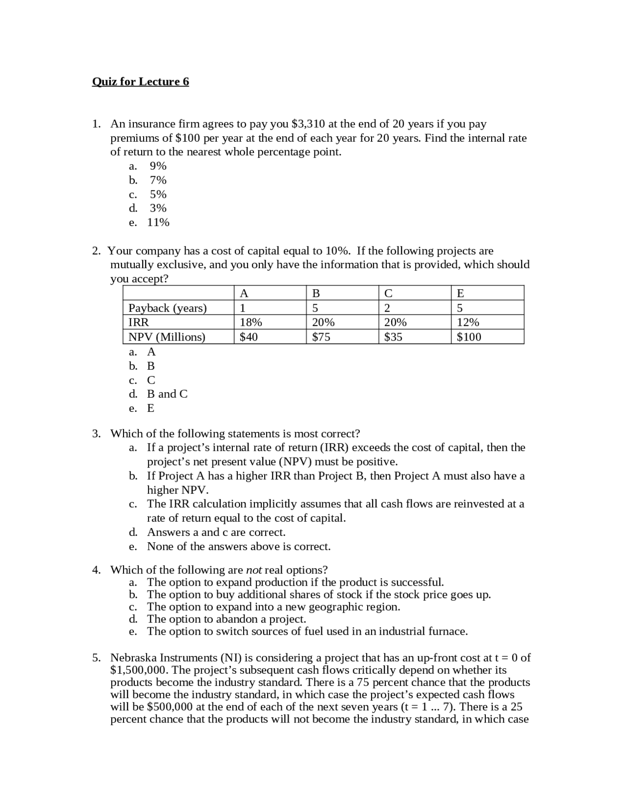 Quiz 7 Answers Theory Of Corporate Finance Fin 332 Docsity