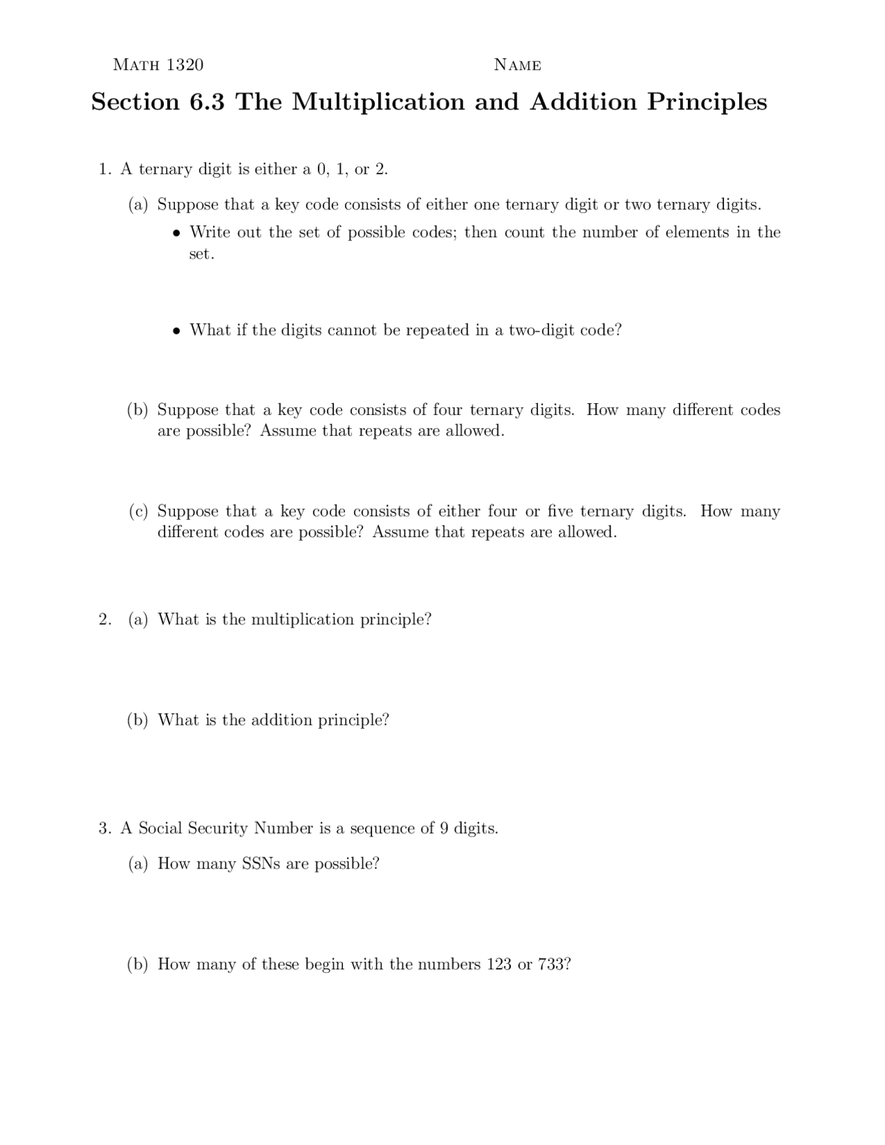Exam Review Questions Mathematics For Social Sciences I Math 1320
