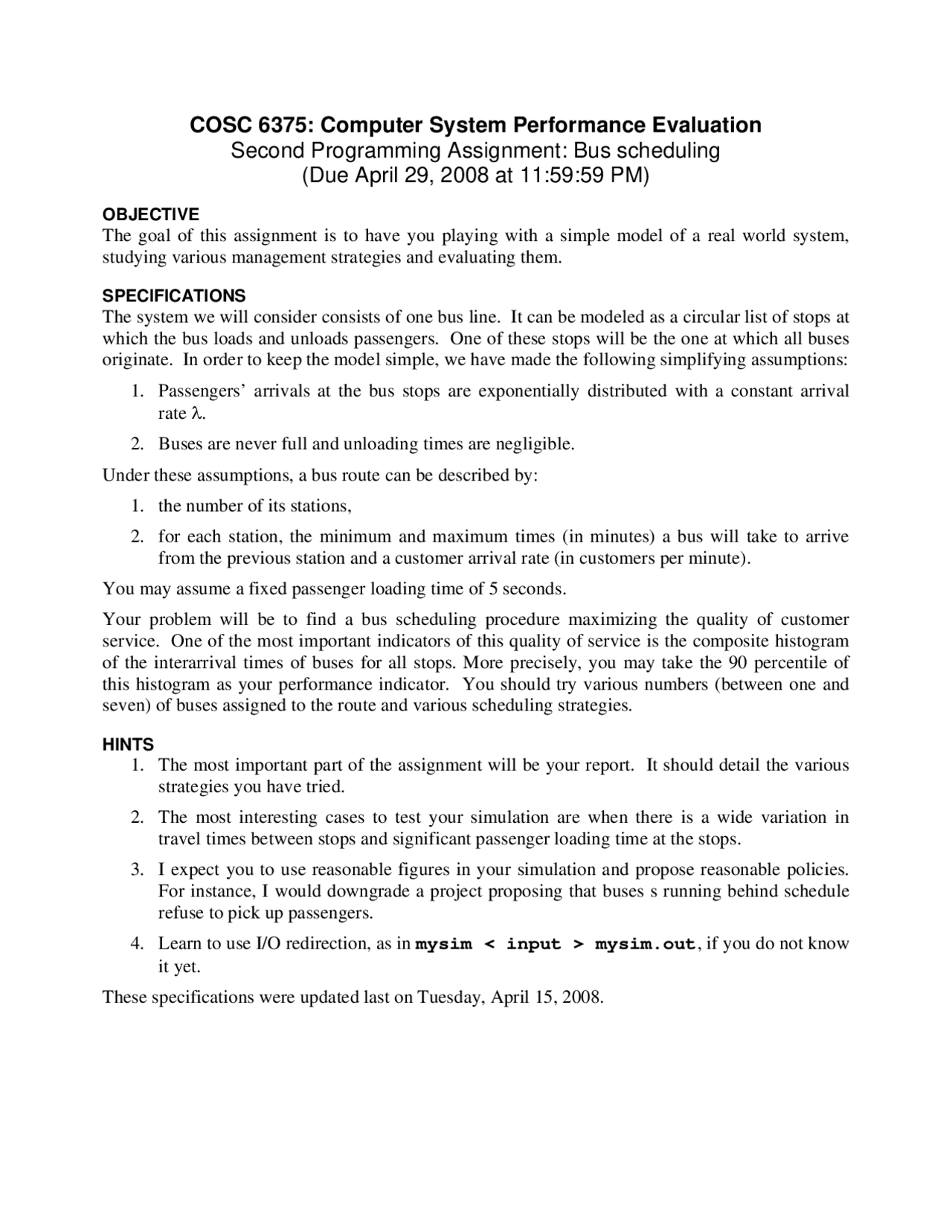 Programming Assignment 2: Bus Scheduling | COSC 6375 - Docsity