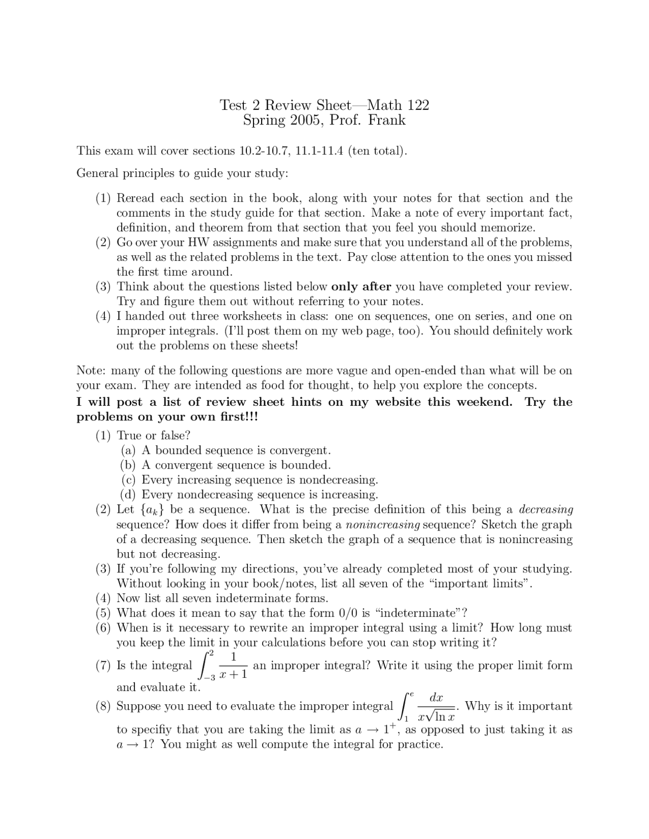 Exam 2 Review Sheet Single Variable Calculus Math 122 Docsity