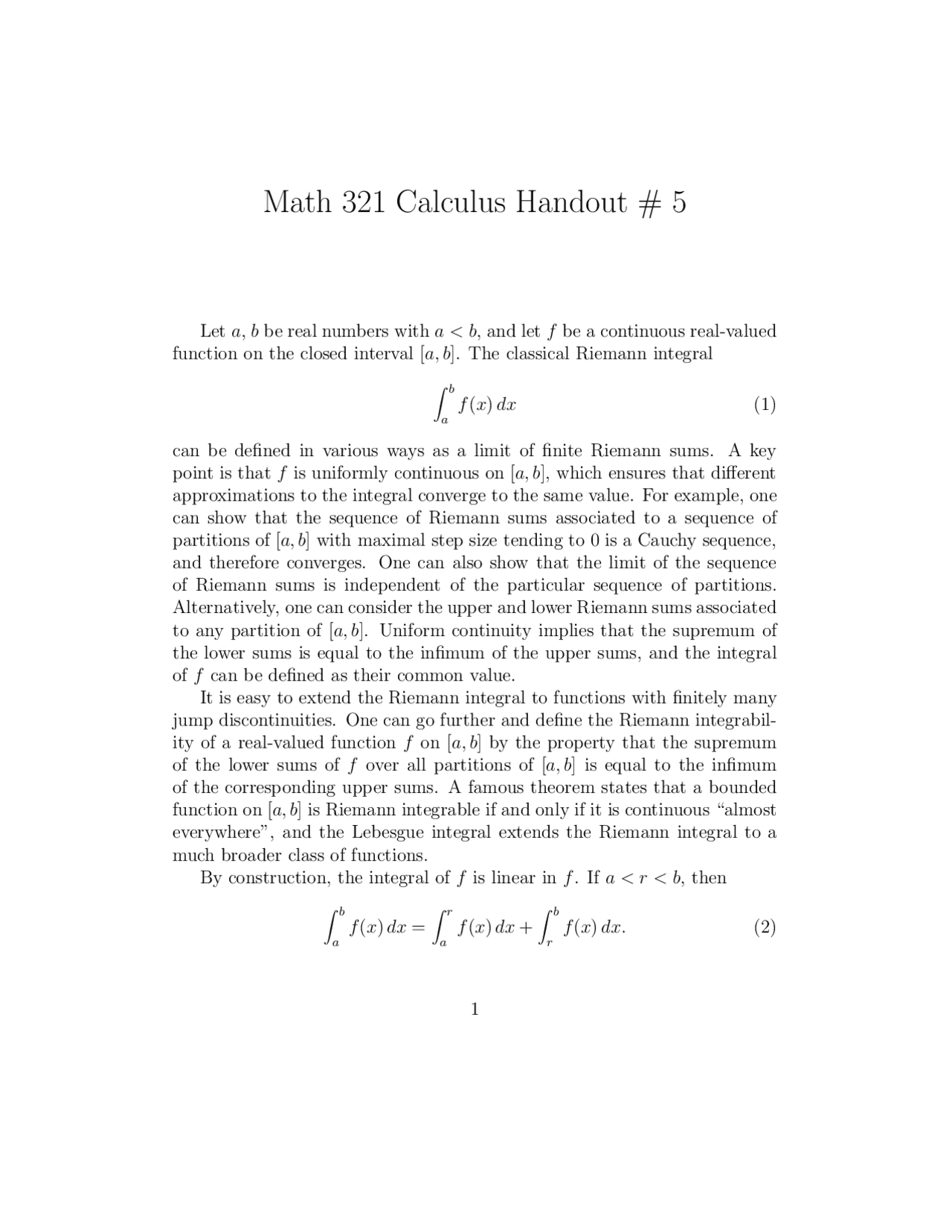 Introduction To Analysis I Handout Math 321 Docsity