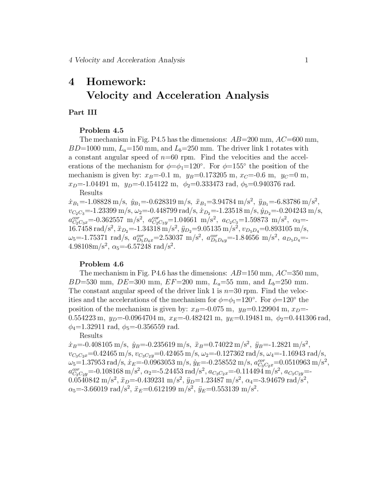 Homework Iv Velocity And Acceleration Analysis Mech 6710 Docsity