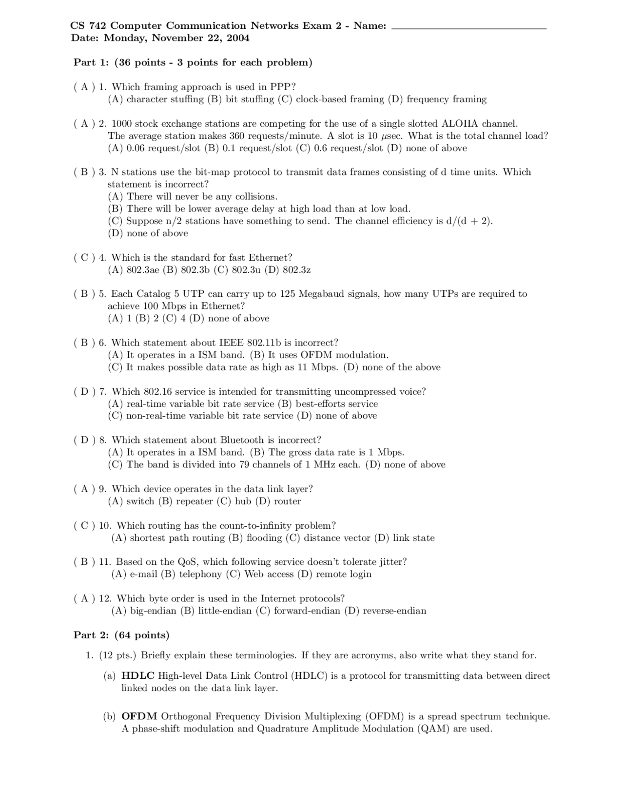 Practice Exam 2 On Computer Communication Networks Cs 742 Docsity