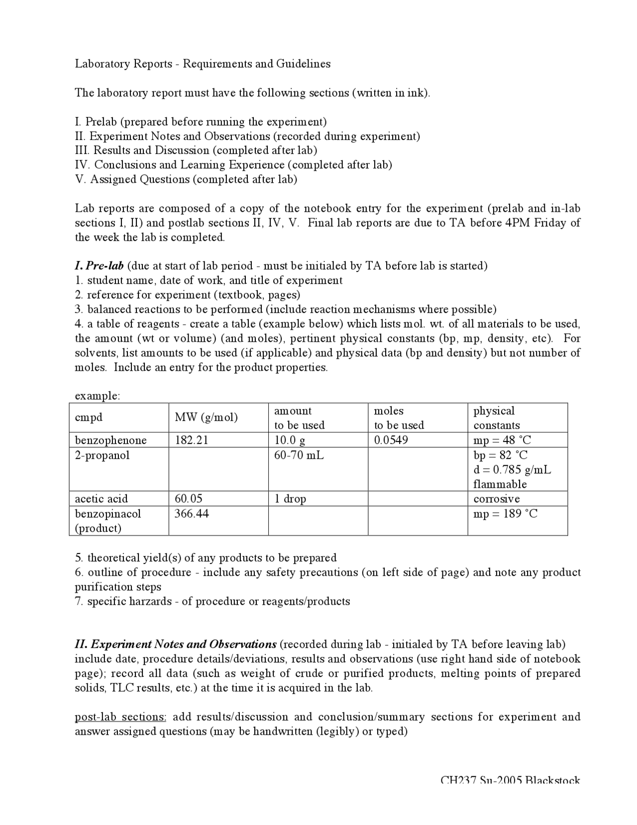 Guidelines of Elementary Organic Chemistry Lab | CH 237 - Docsity
