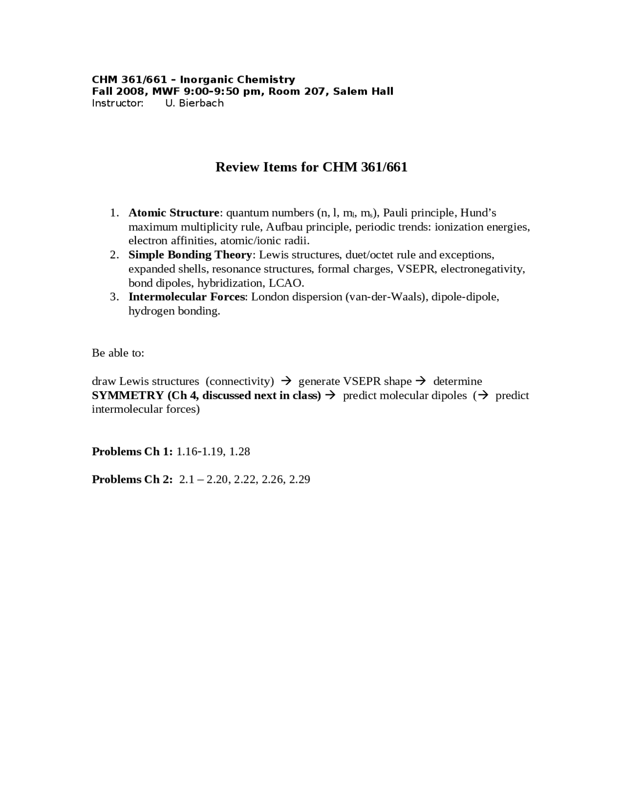 Introduction To Inorganic Chemistry Review Sheet Chm 361 Docsity