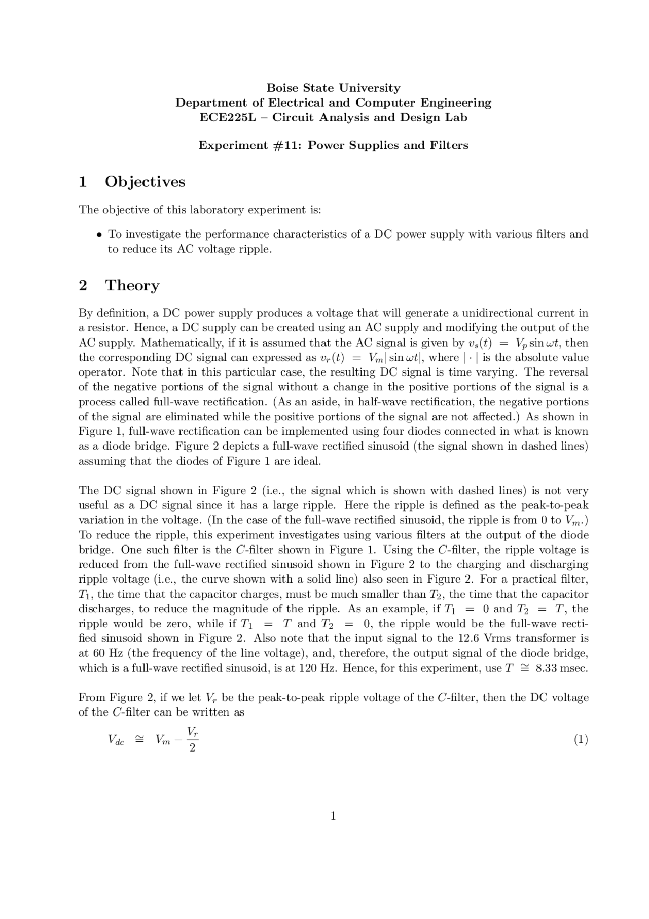 Lab Experiment 11 On Power Supplies And Filters Ece 225 Lab Reports Electrical Circuit