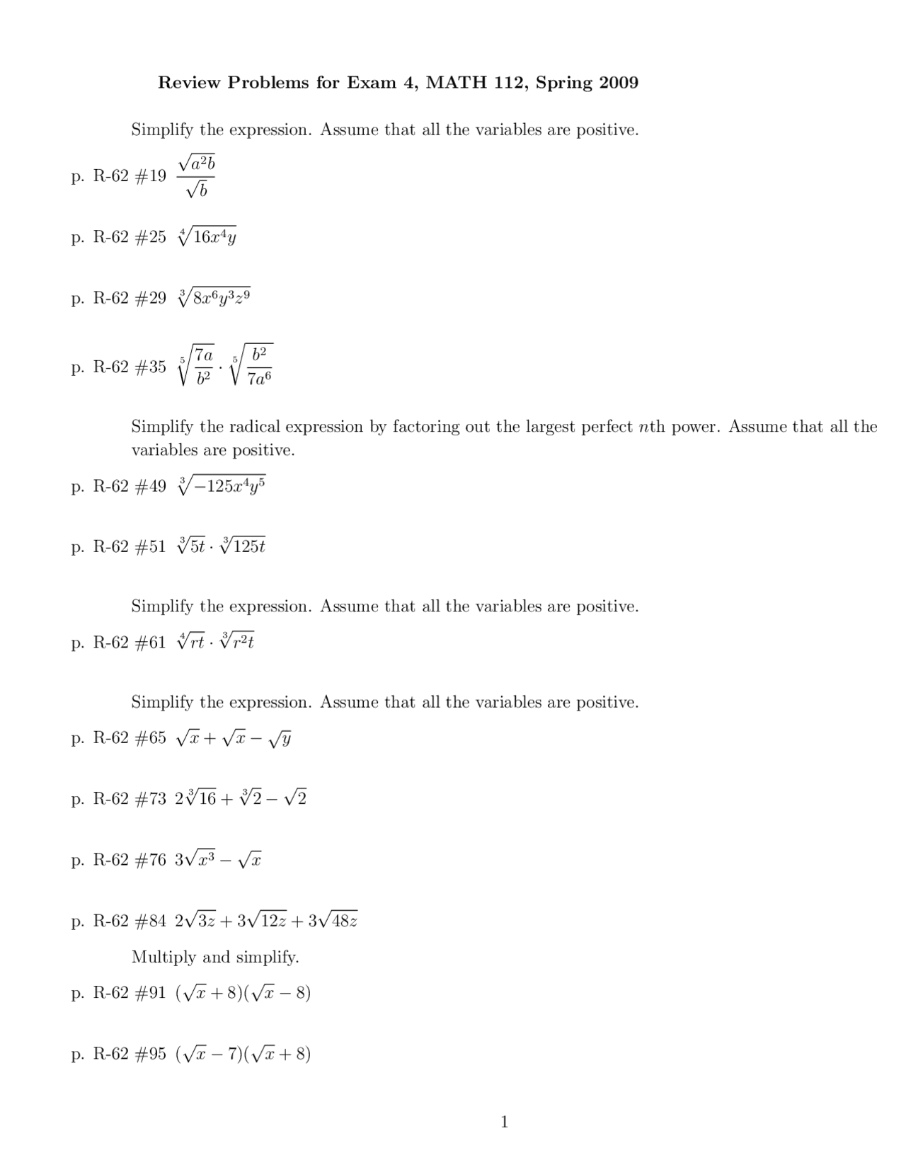 Review Problems for Exam 4 - College Algebra I | MATH 112 - Docsity